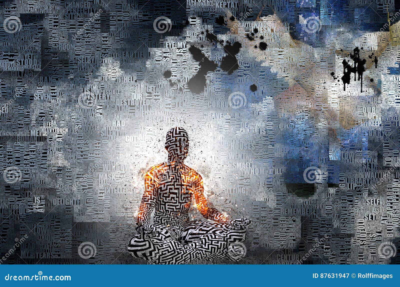 Burning Man With Maze Pattern Meditate In Lotus Pose Stock Photo ...