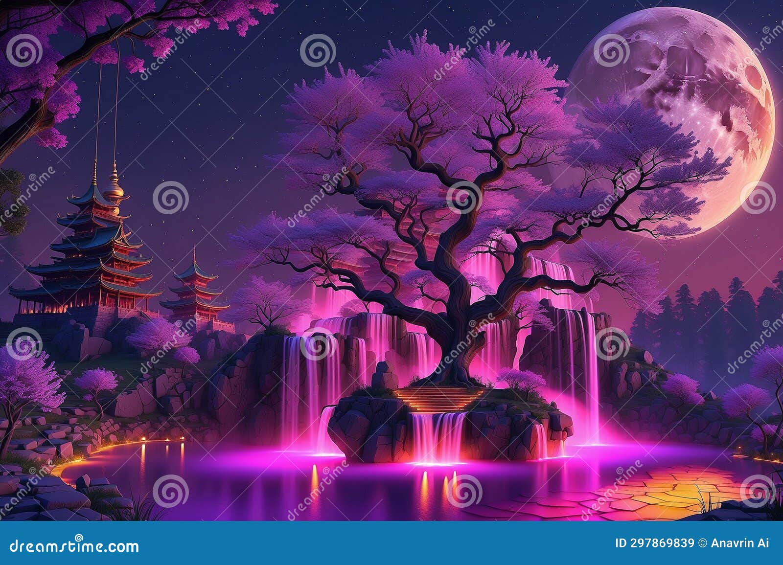 Full Moon Night Landscape of a Lake Reflecting the Sky in a Zen Garden ...