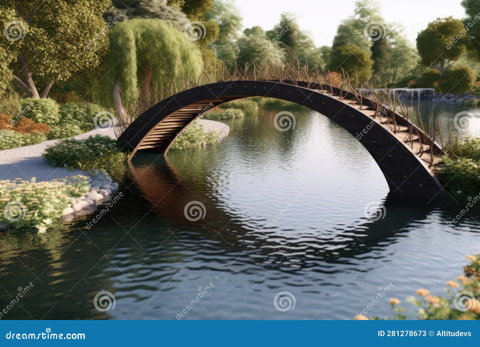 Zen Garden Bridge Arching Over Calm Water Stock Illustration ...