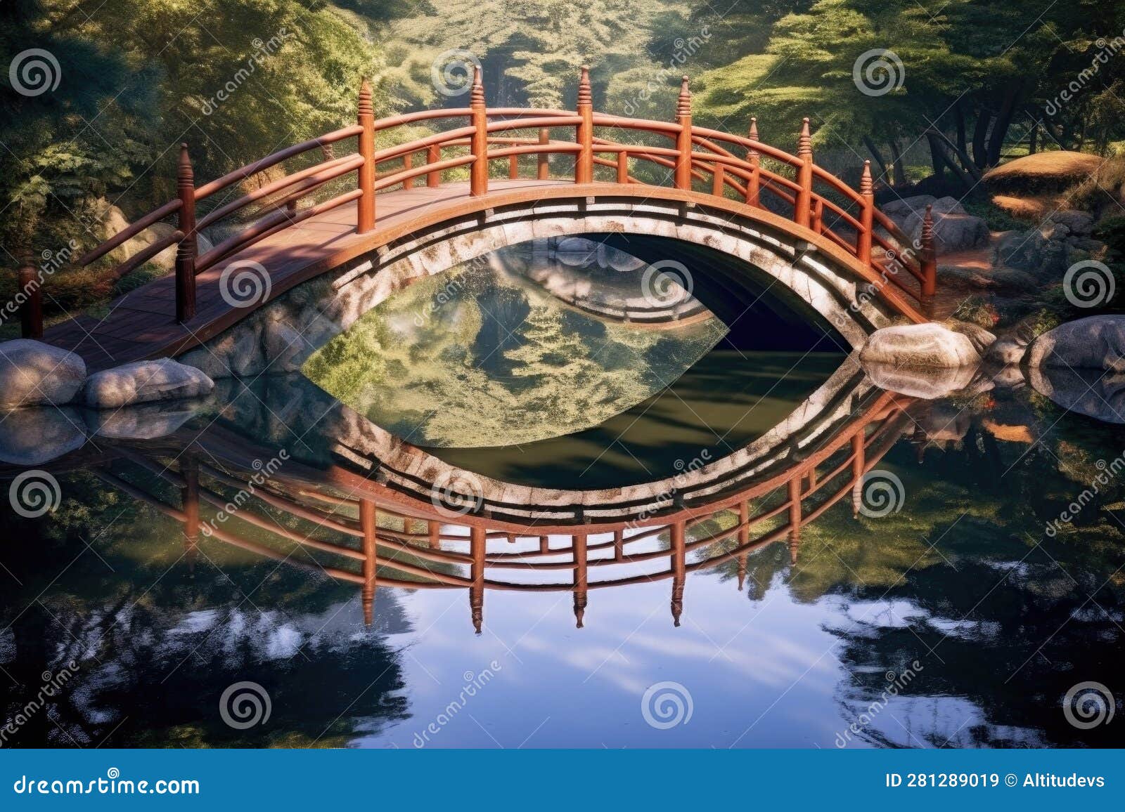 Zen Garden Bridge Reflecting in Still Water Stock Illustration ...