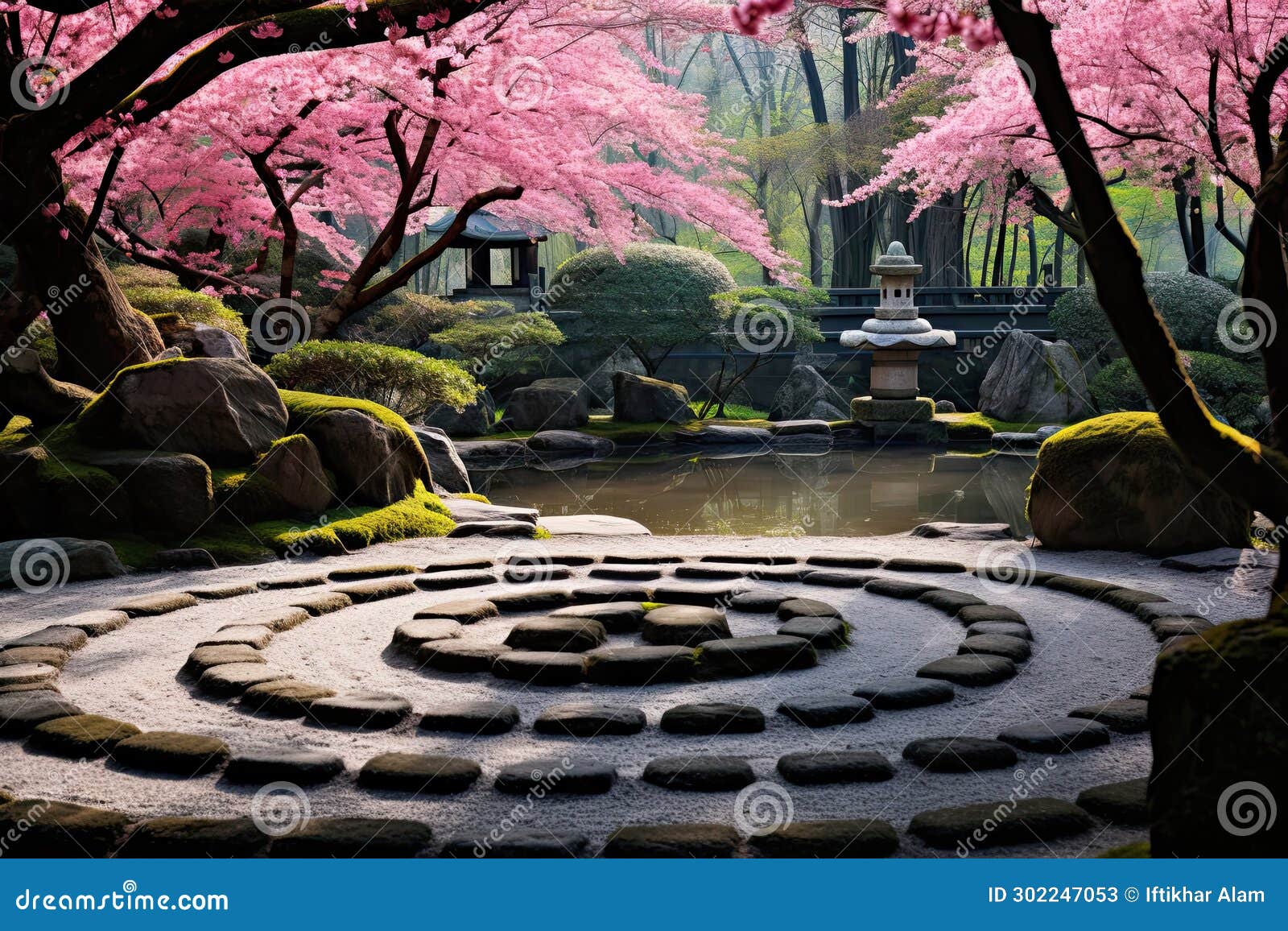 Zen Garden with Cherry Blossom and Pond in Spring, 3d Render, AI ...