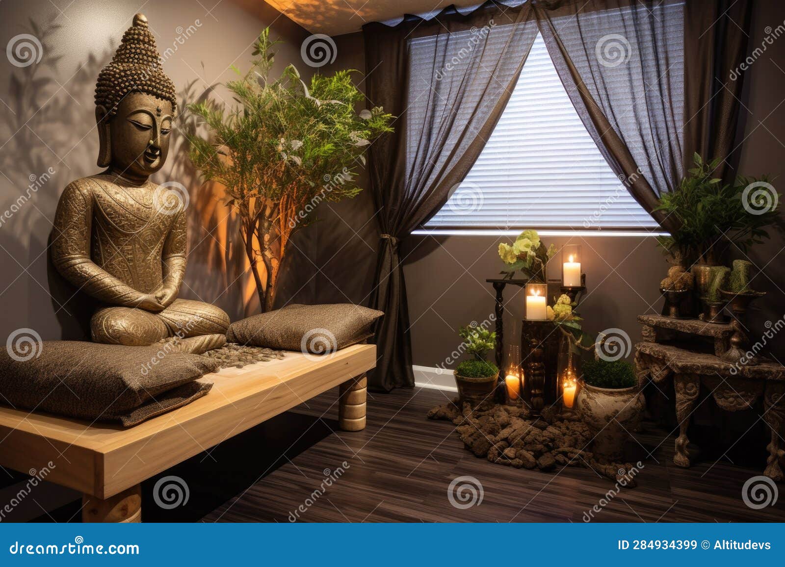 Zen Garden Corner with Buddha Statue in Yoga Studio Stock Illustration ...