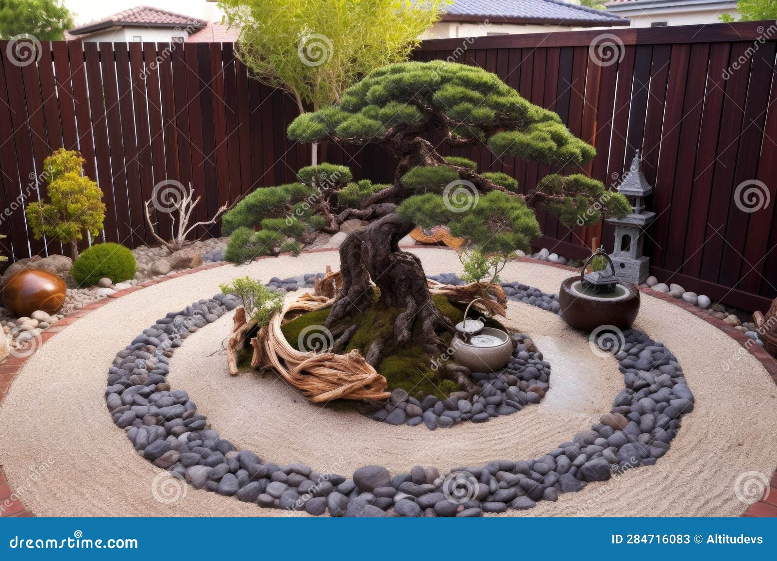 Zen Garden with Pruned Bonsai Tree in the Center Stock Illustration ...