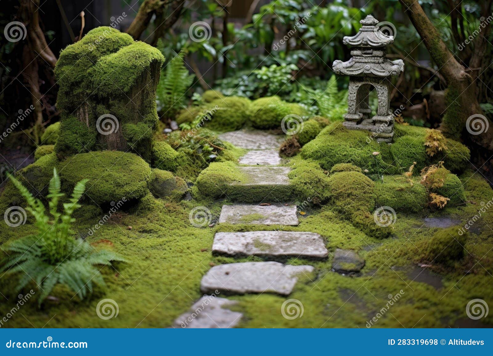 Zen Garden with Stone Pathway and Green Moss Stock Illustration ...