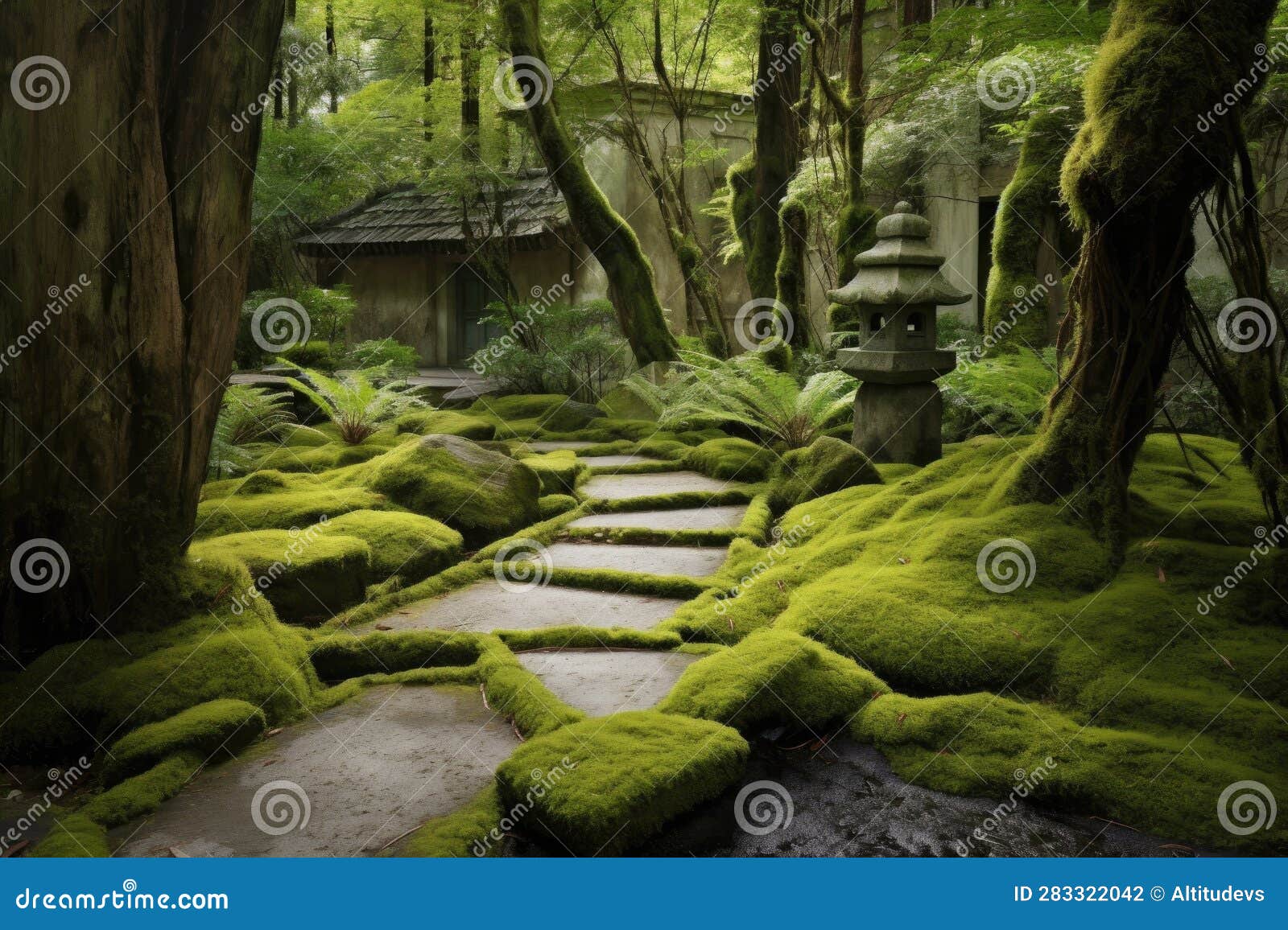 Zen Garden with Stone Pathway and Green Moss Stock Illustration ...