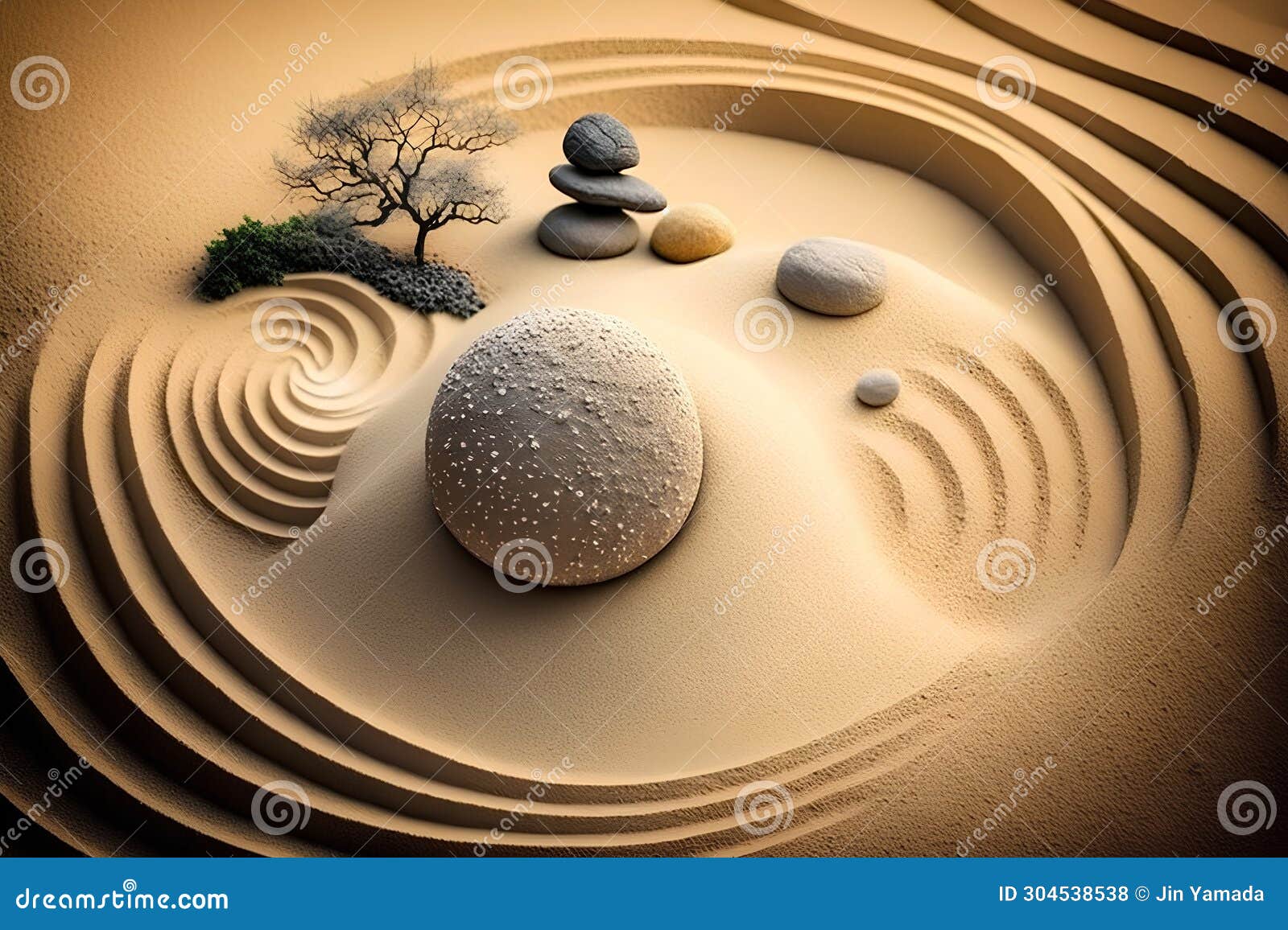 Zen Garden with Stone and Tree in the Desert. 3d Render Stock ...