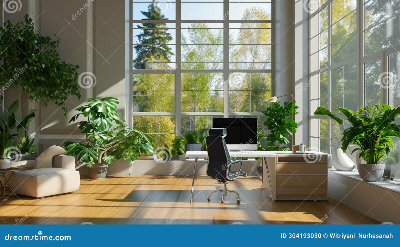 Zen Home Office with Computer in a Beautiful, Spacious Living Room ...