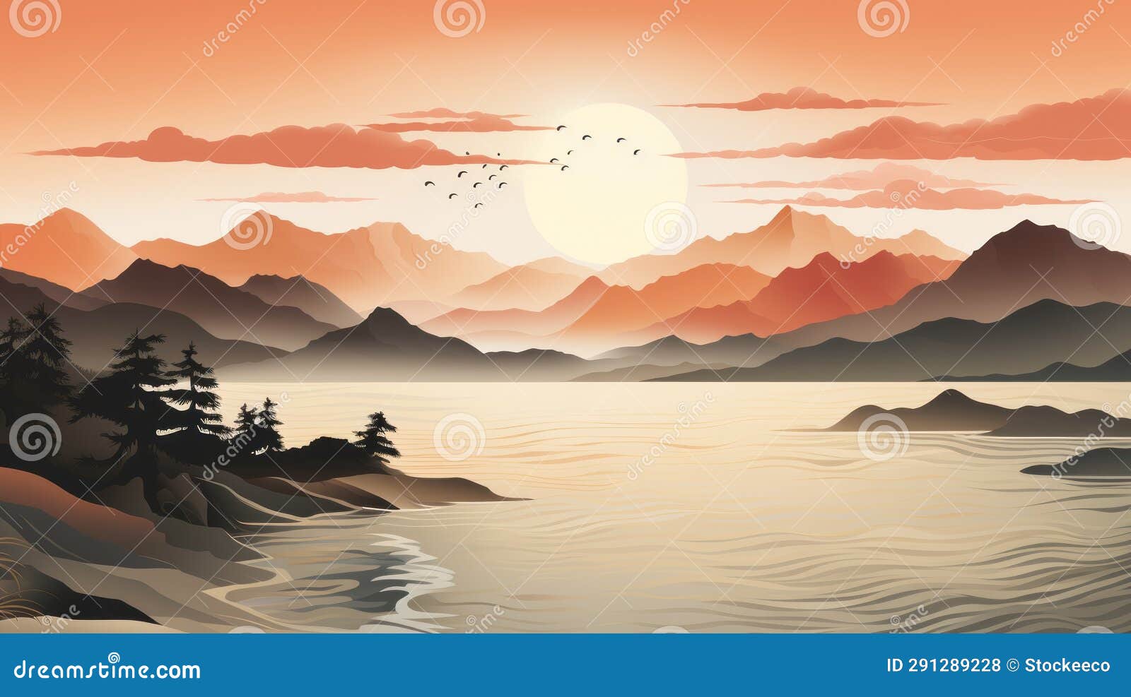 Zen-inspired Sunset Scene with Mountains and Water - Vector ...
