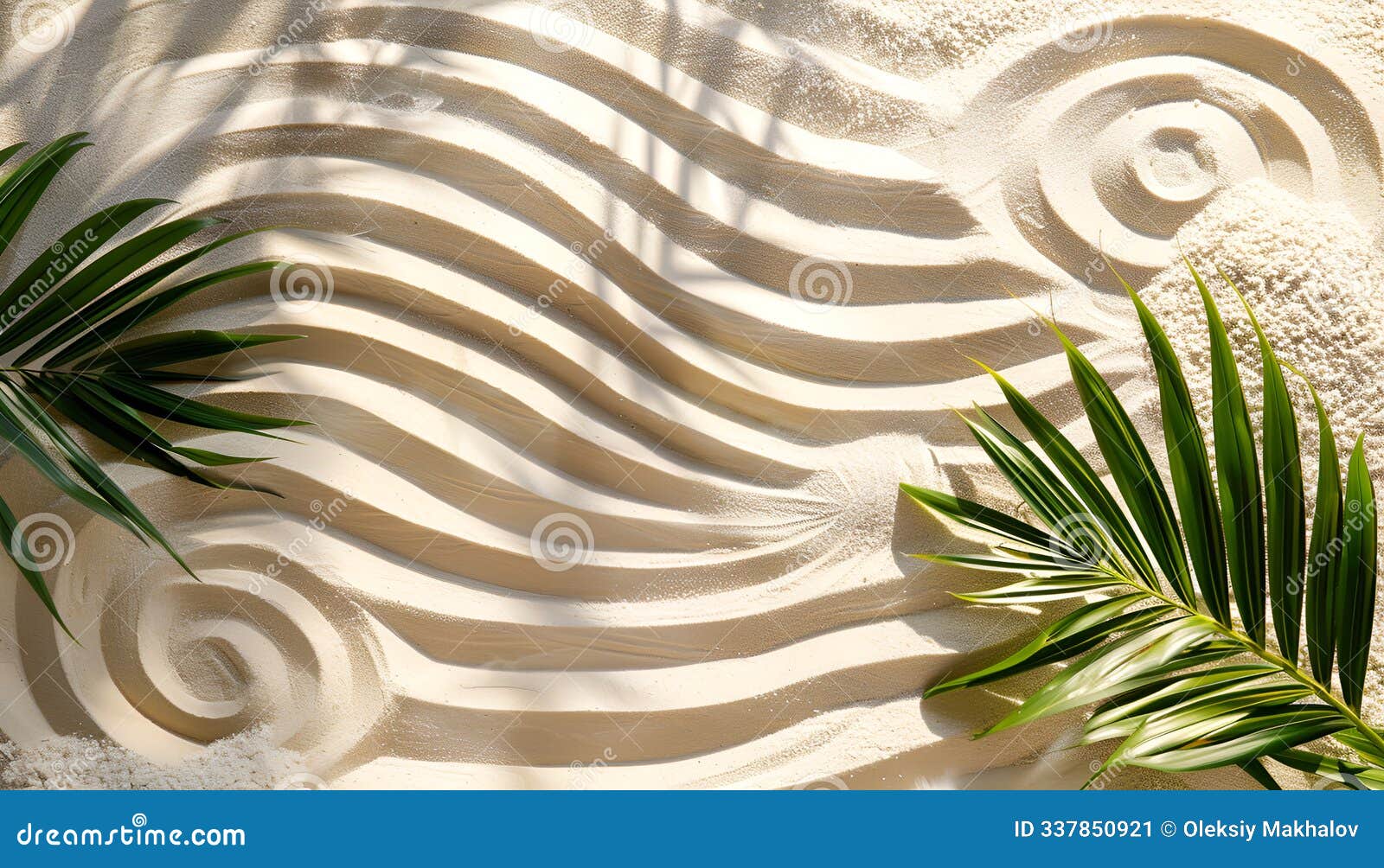 Zen Pattern in White Sand with Palm Leaves. Lines Drawing on Sand ...