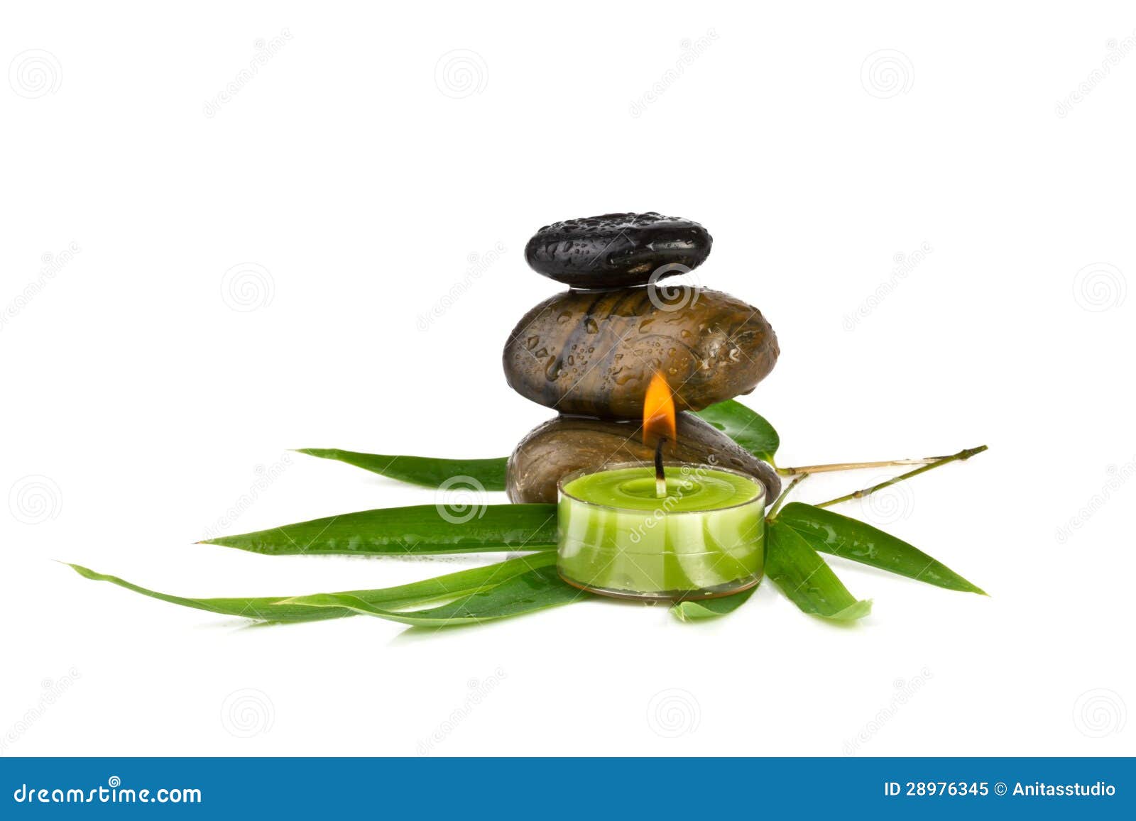 Zen Pebbles with Bamboo Leaves and Candle, I Stock Image - Image of ...