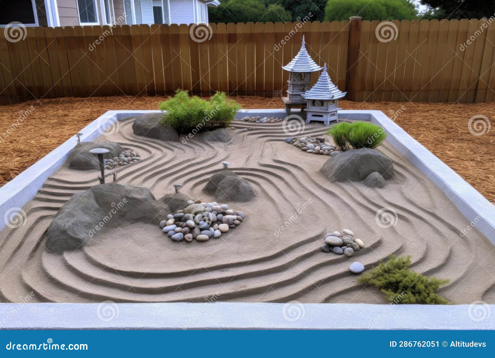 Zen Rock Garden with Raked Sand Patterns Stock Image - Image of garden ...