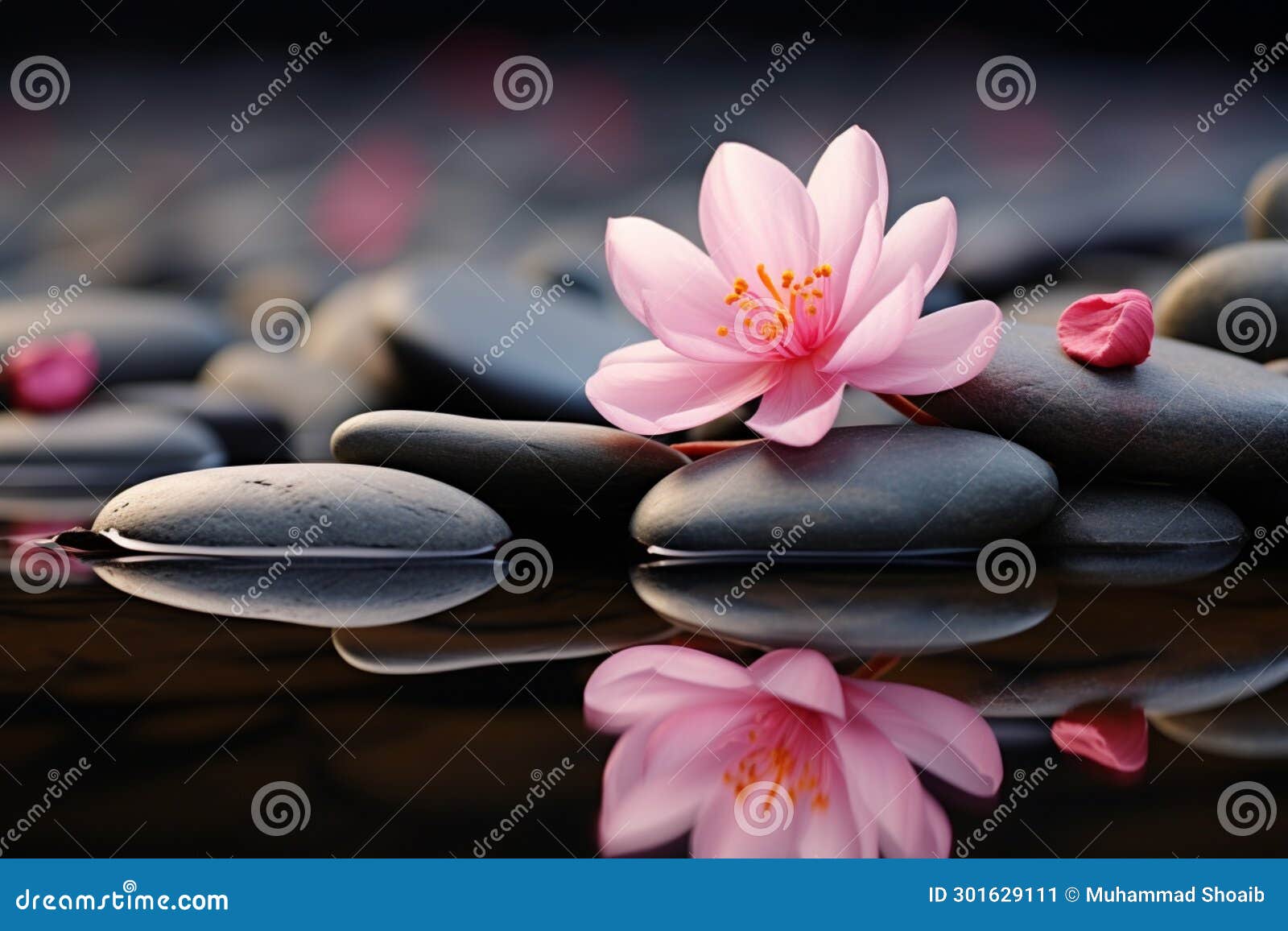 Zen Serenity Stone with a Touch of Pink Flower Tranquility Stock ...