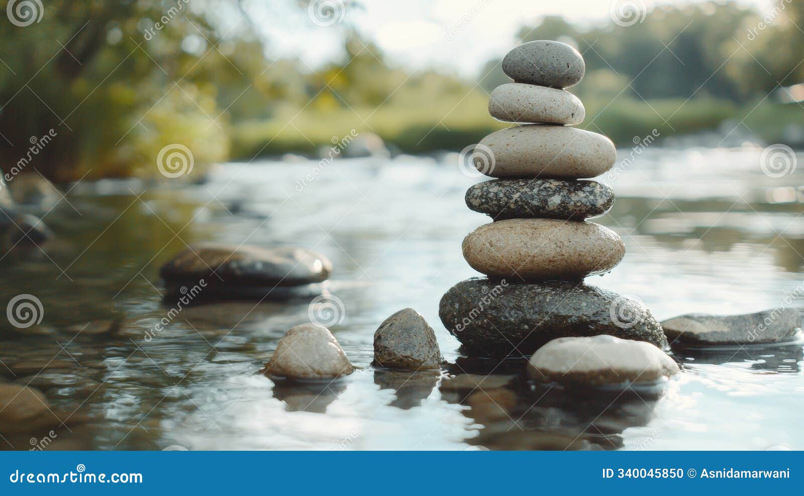 Zen Stone Tower Balanced by a Tranquil River, - Ai. Stock Illustration ...