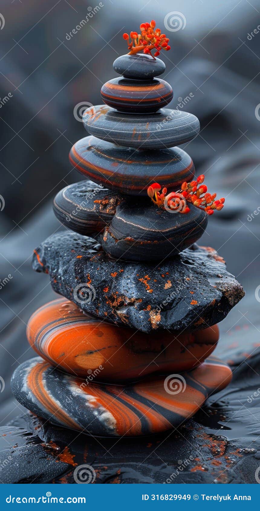 Zen Stones and Red Flowers on Black Background Stock Image - Image of ...