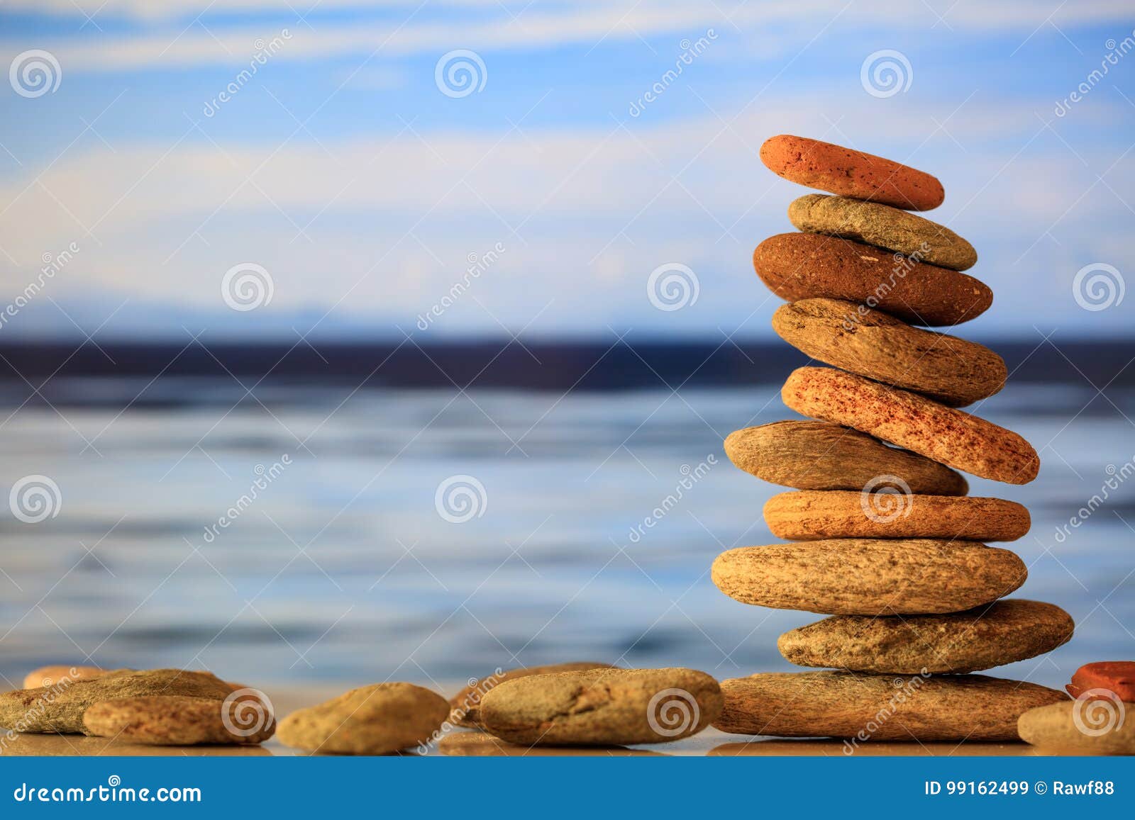 Zen Stones Stack on Blue Sky and Sea Background Stock Image - Image of ...