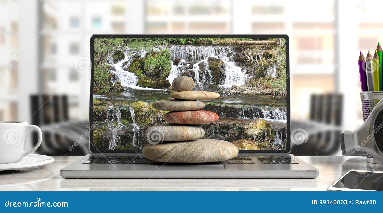 Zen Stones Stack on a Computer, Office Background. 3d Illustration ...