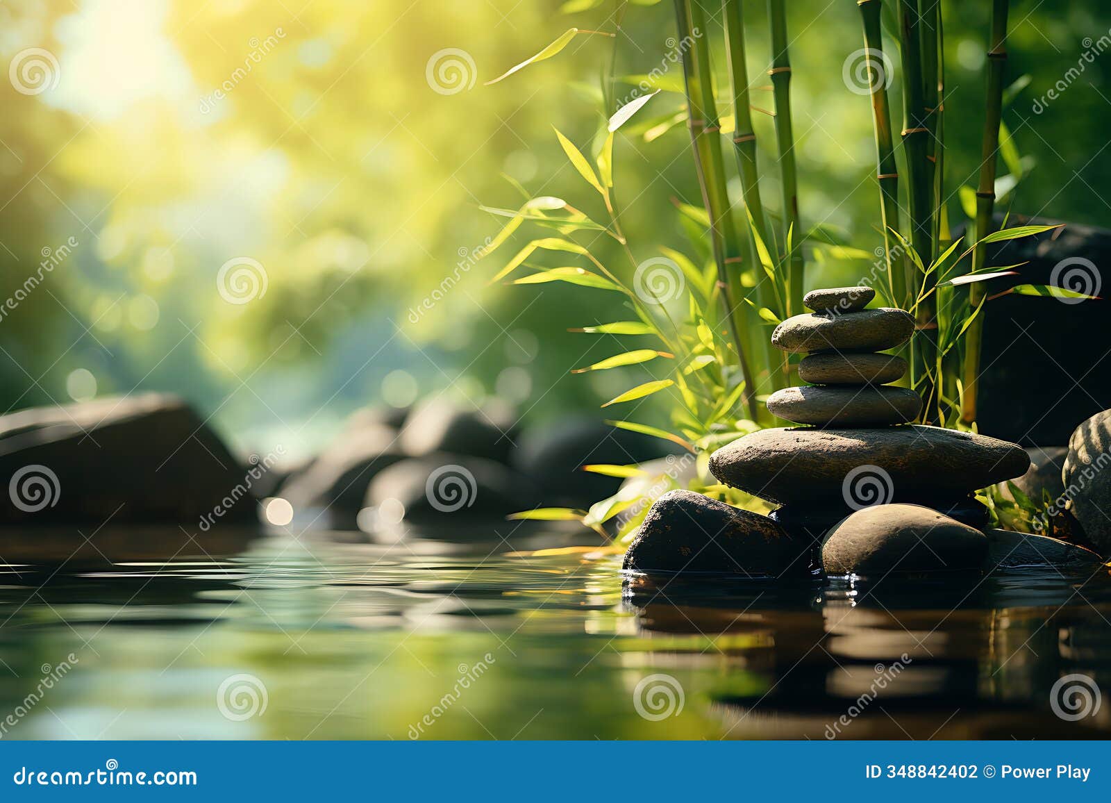 Zen Stones in Water with Bamboo Forest Background, Zen and Meditation ...