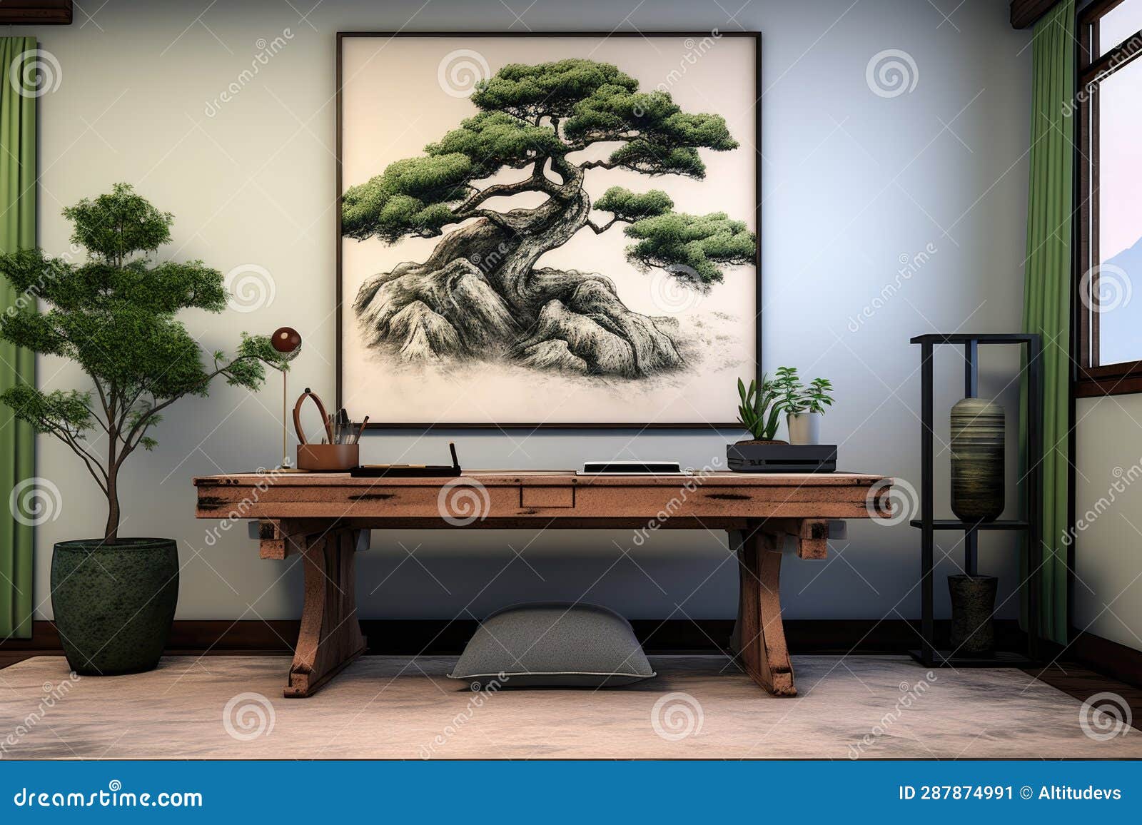 Zen Study Space with Minimalist Desk, Bonsai Tree, and Calming Wall Art ...
