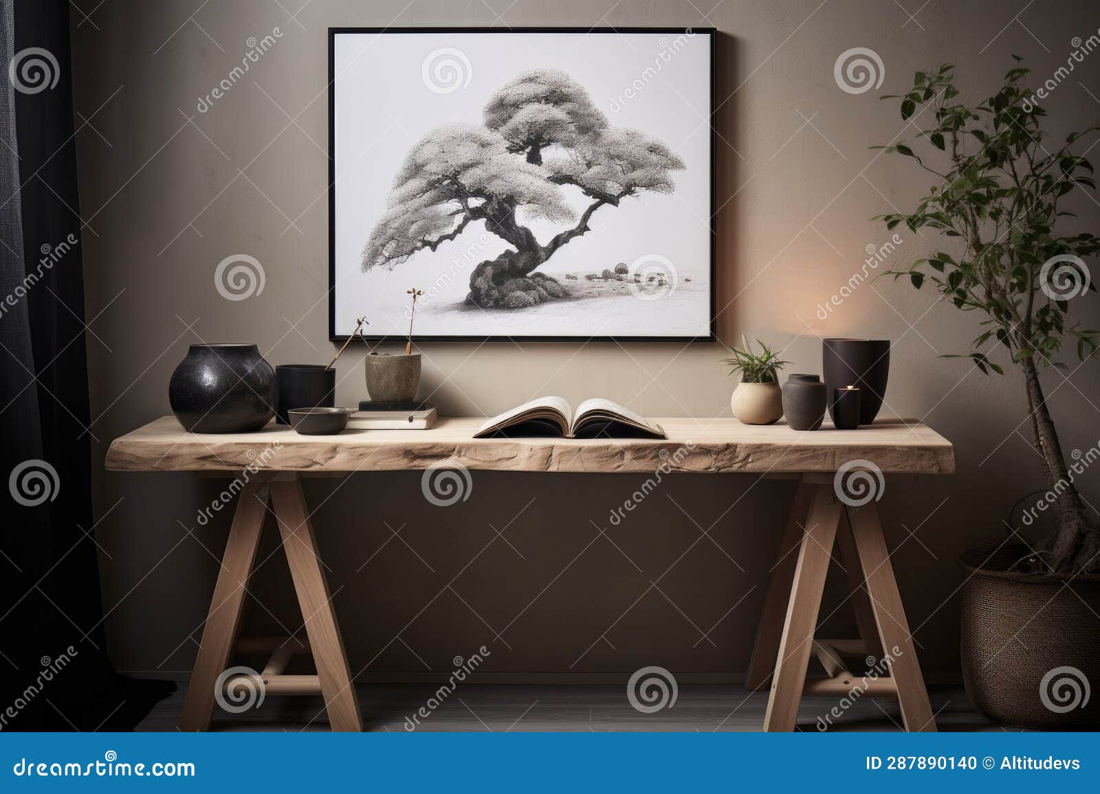 Zen Study Space with Minimalist Desk, Bonsai Tree, and Calming Wall Art ...