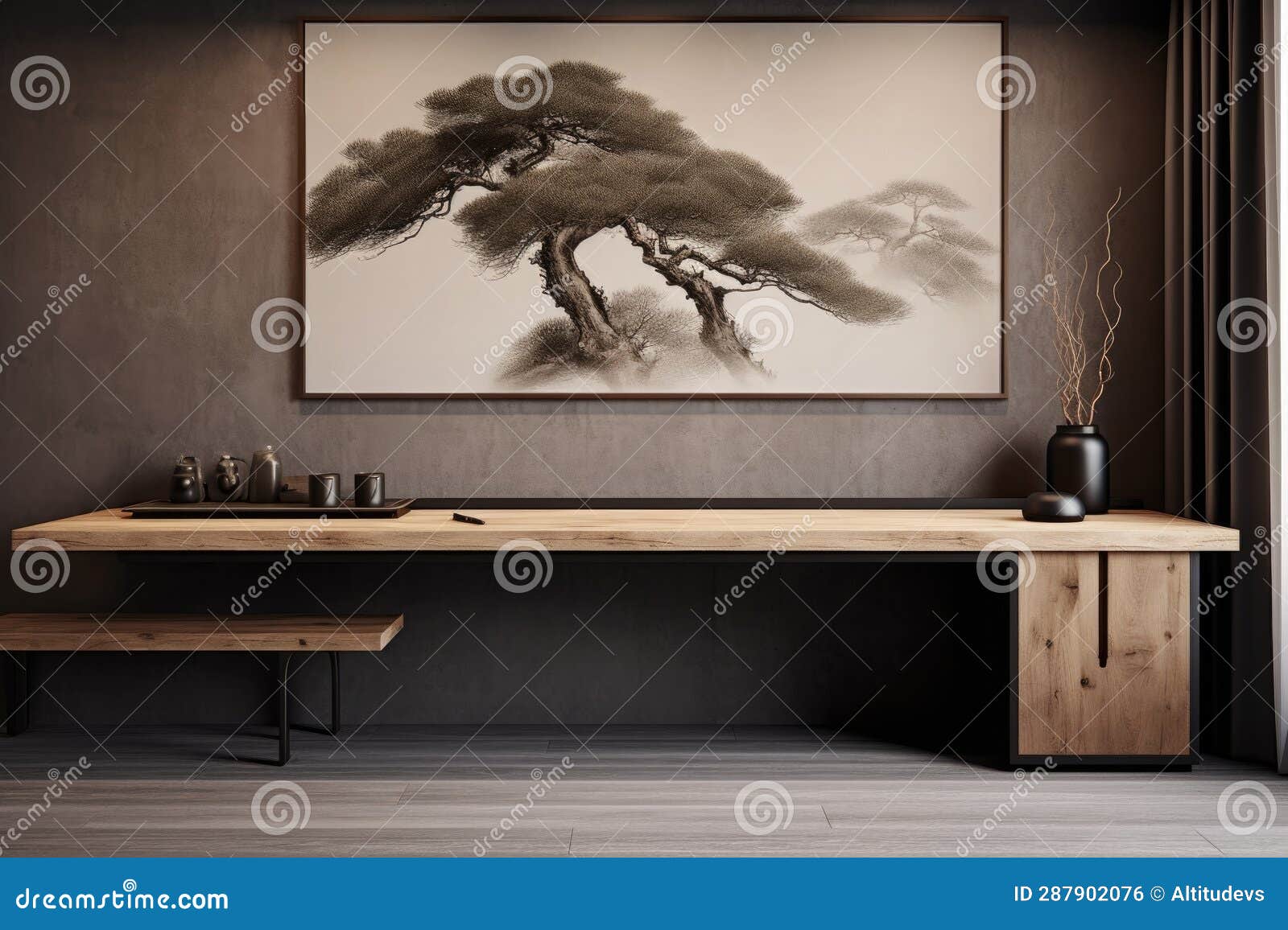 Zen Study Space with Minimalist Desk, Bonsai Tree, and Calming Wall Art ...