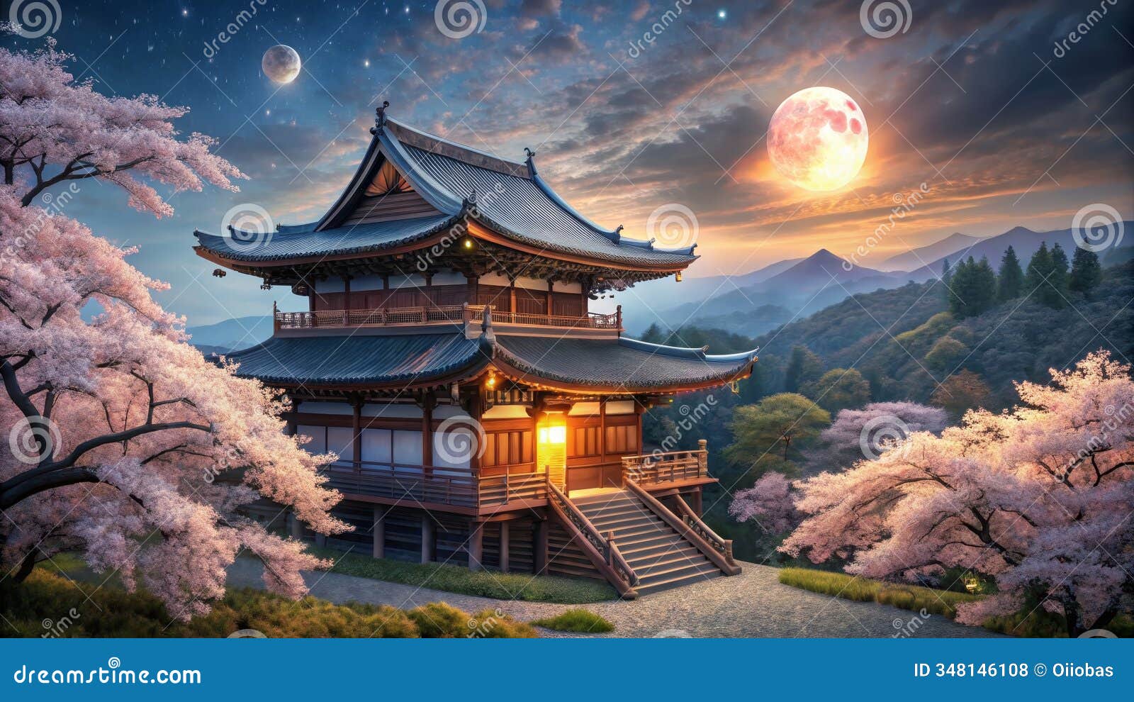 Zen Temple at Sunset Cherry Blossoms, Full Moon, Two-Story Structure ...