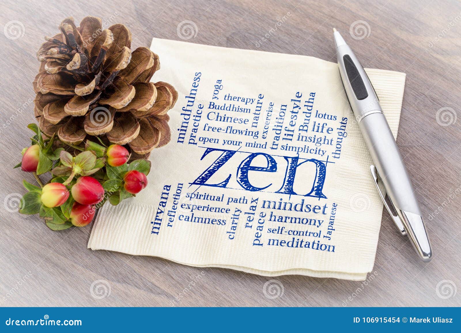 Zen word cloud on napkin stock photo. Image of napkin - 106915454