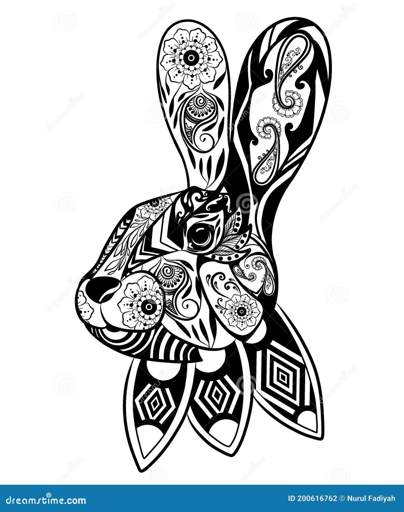 The Zentangle for the Art of the Head of Rabbit with Beautiful Ornament ...