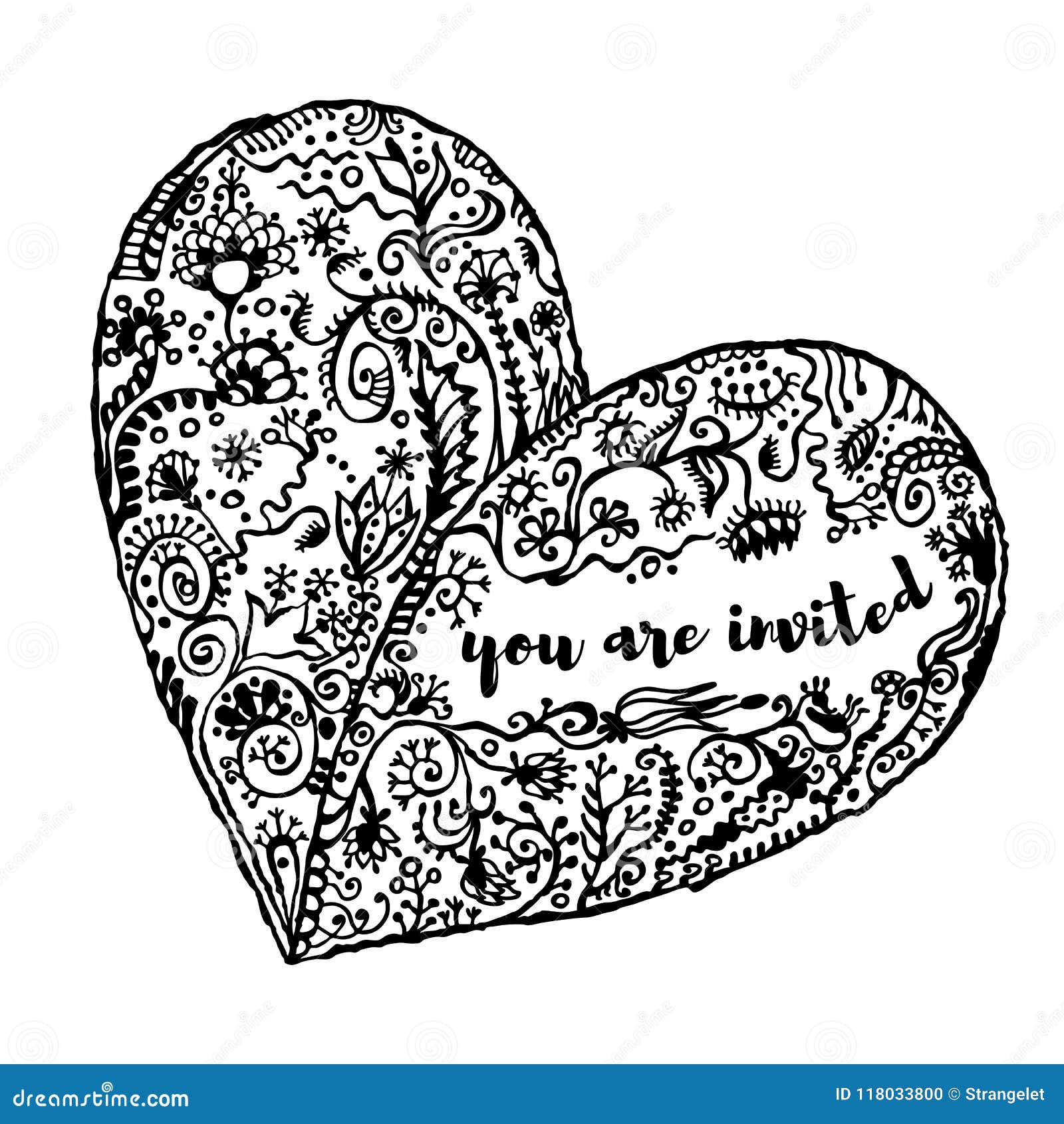 Zentangle Hand Drawn Heart, Text You are Invited. Stock Illustration ... Zentangle Hand Drawn Heart, Text You are Invited. Stock Illustration ...