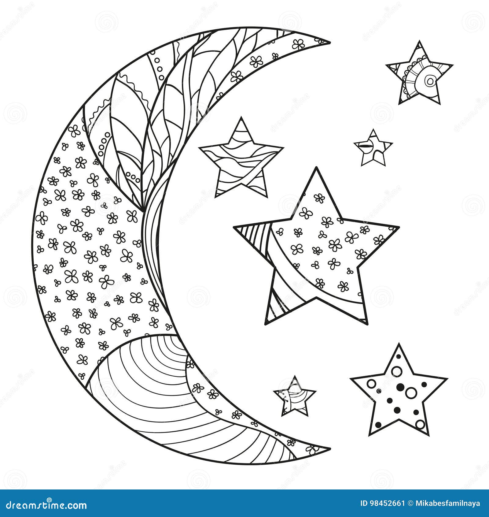 Zentangle Moon and Star with Abstract Patterns Stock Vector ...