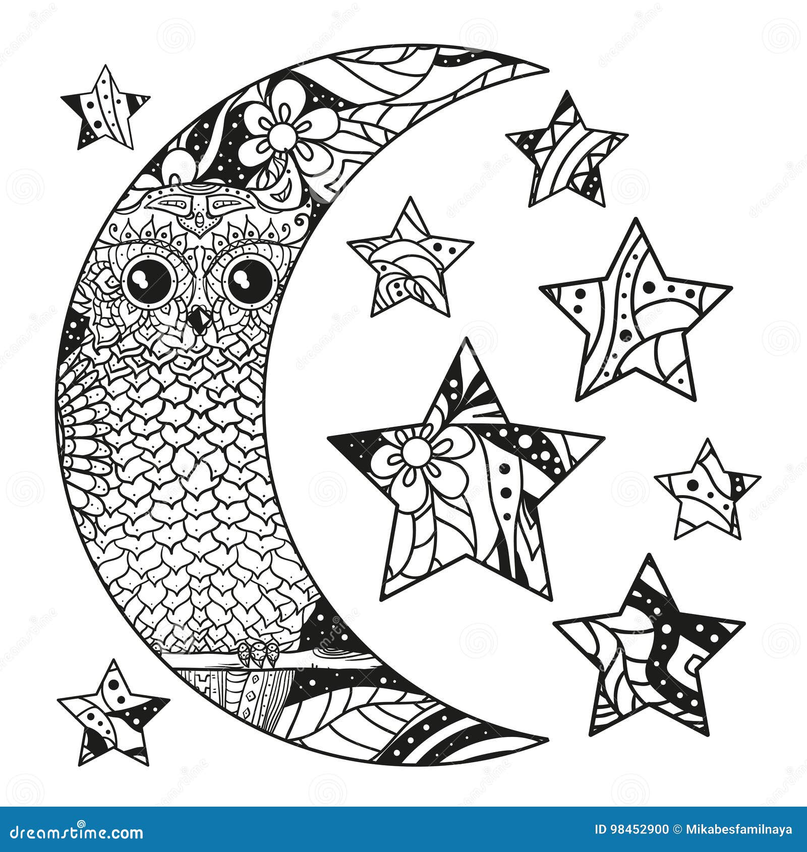 Zentangle Moon and Star with Abstract Patterns Stock Vector ...
