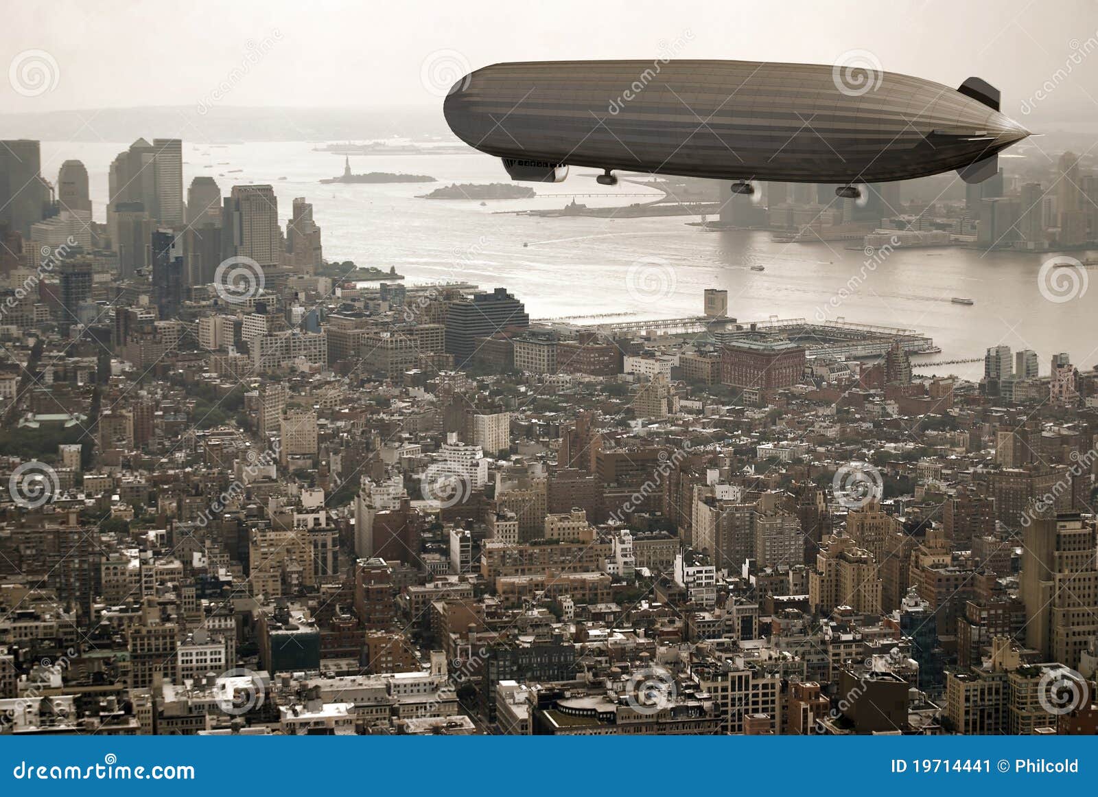 Zeppelin over Manhattan stock illustration. Illustration of liberty ...