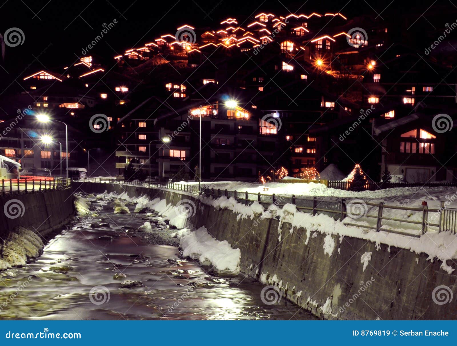 Zermatt at night stock image. Image of scenery, canal - 8769819