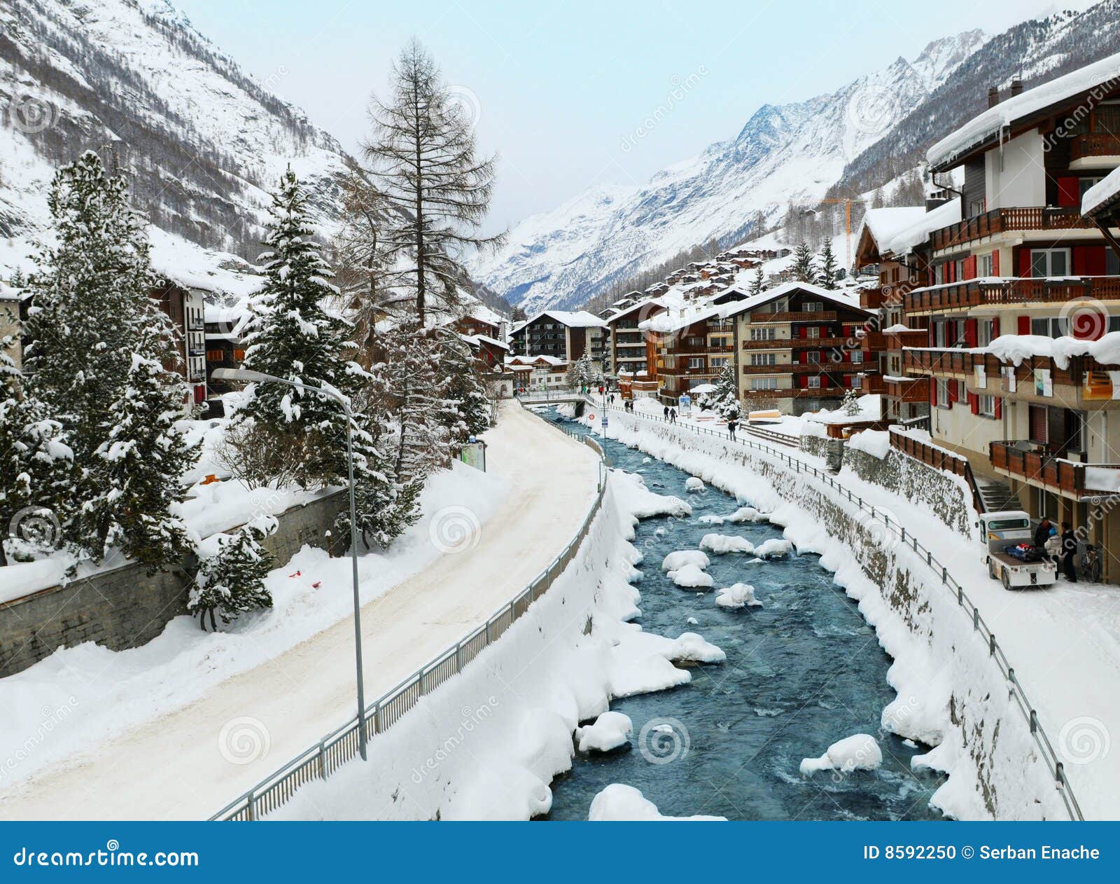 Zermatt Village Winter Scene Stock Photo - Image of facade, stream: 8592250