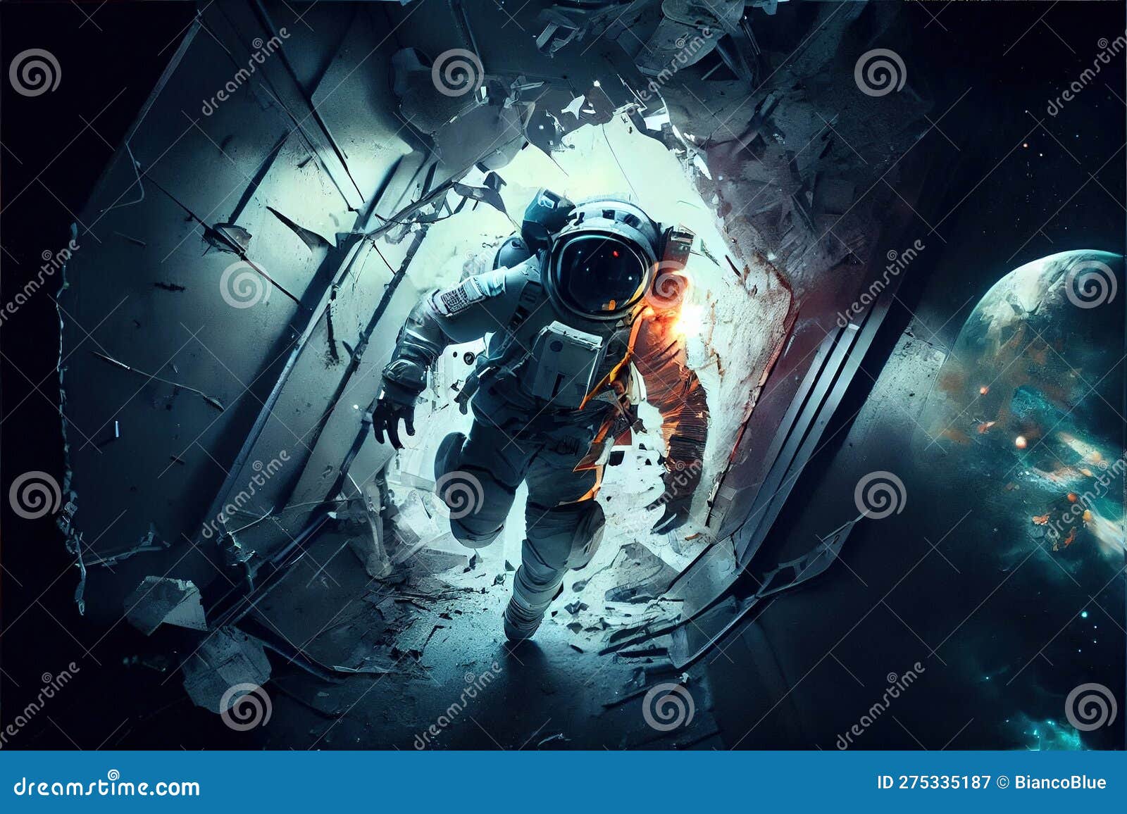 Zero G Emergency Space Evacuation with Astronaut Concept Superb. Stock ...