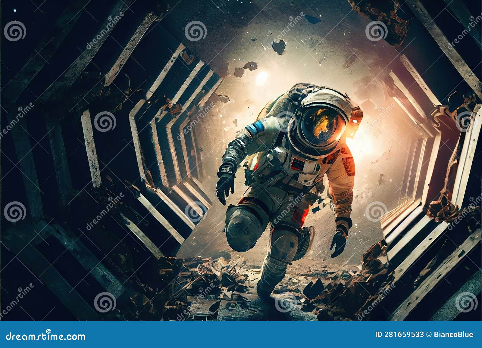Astronaut Escaping Fire In Spaceship Like In Sci-fi Movie, Spaceman ...