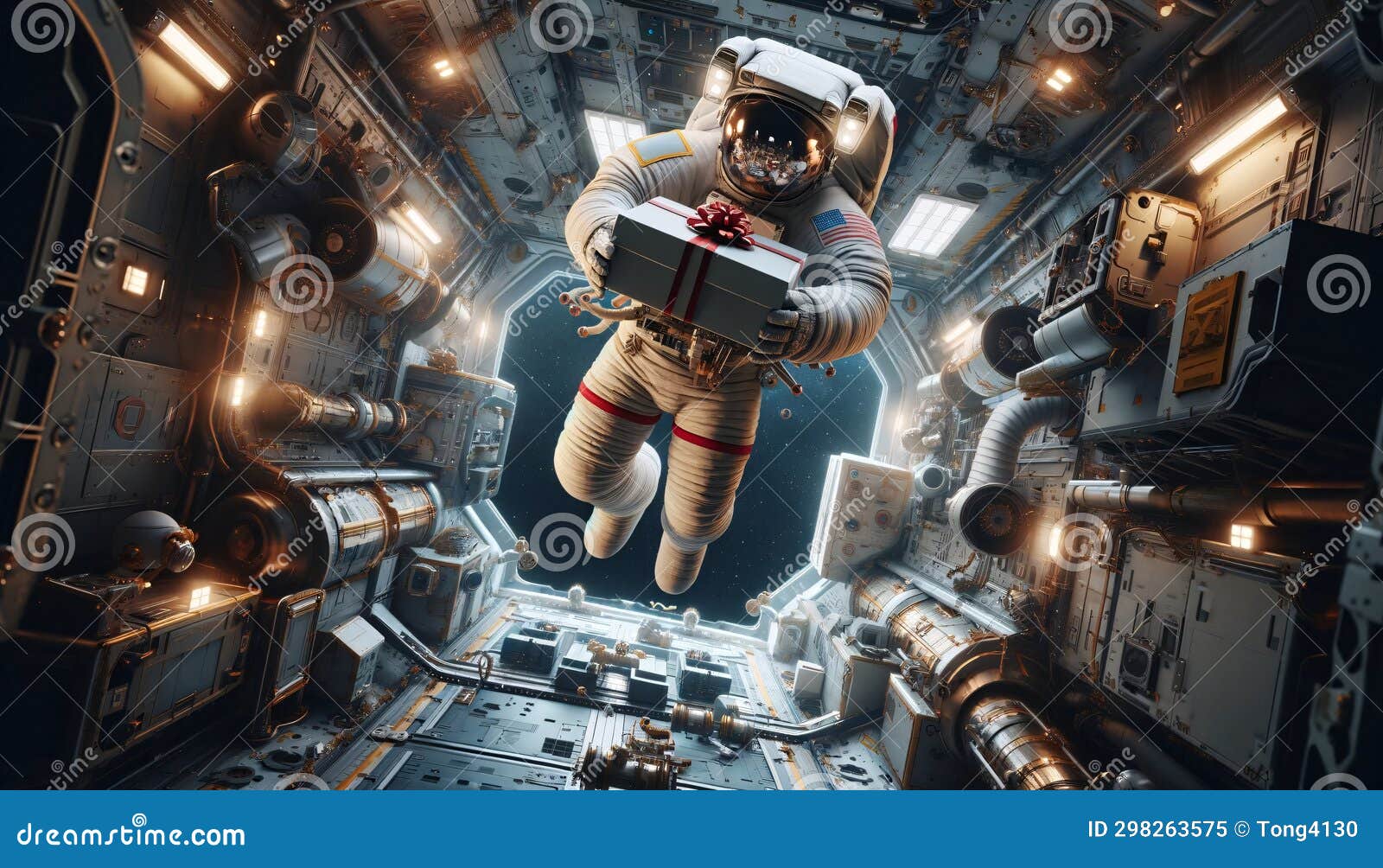 Zero Gravity Astronaut with Gift Box in Space Shuttle Stock ...