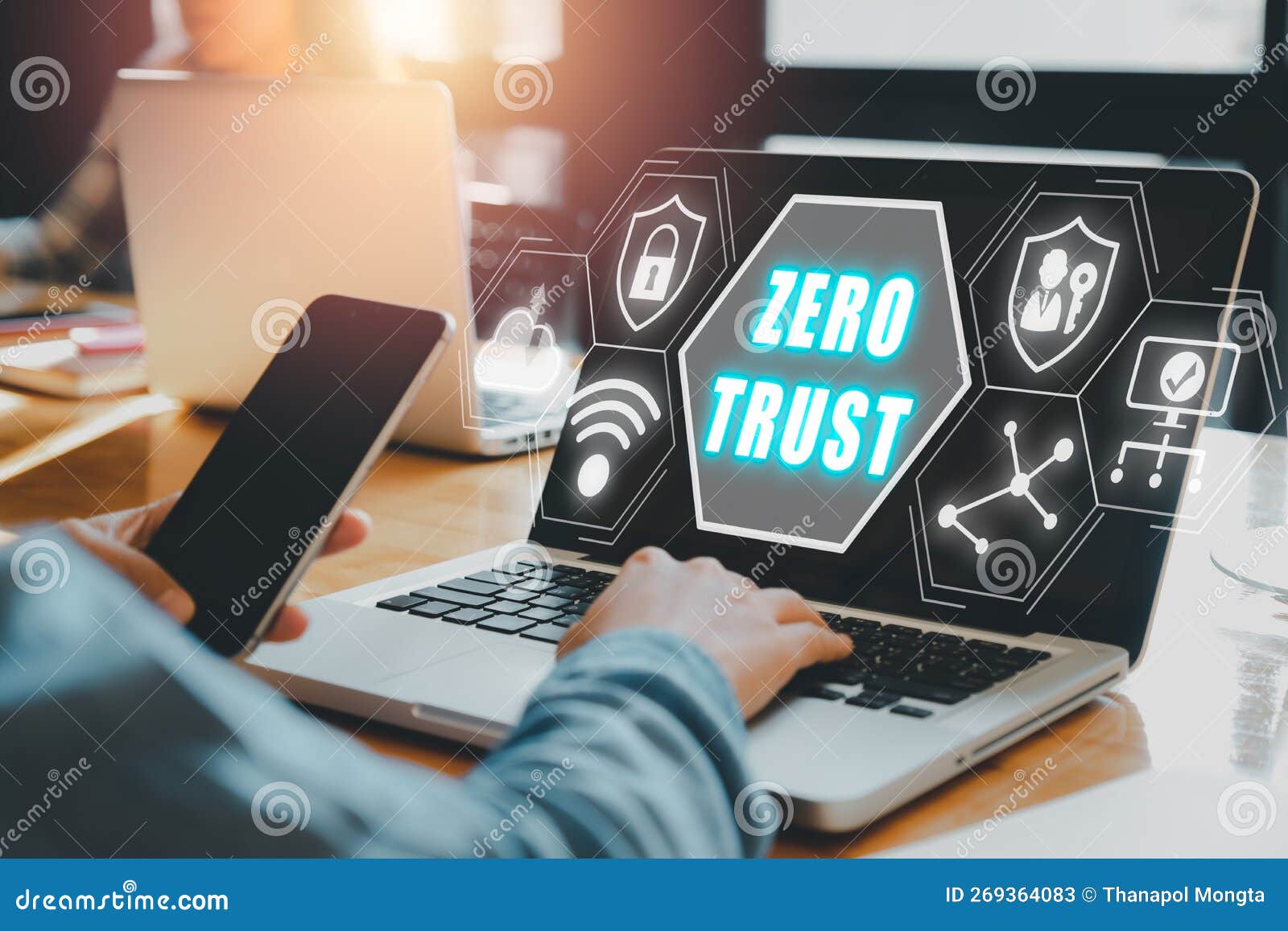 Person Using Computer with Zero Trust Icon on Virtual Screen Stock ...
