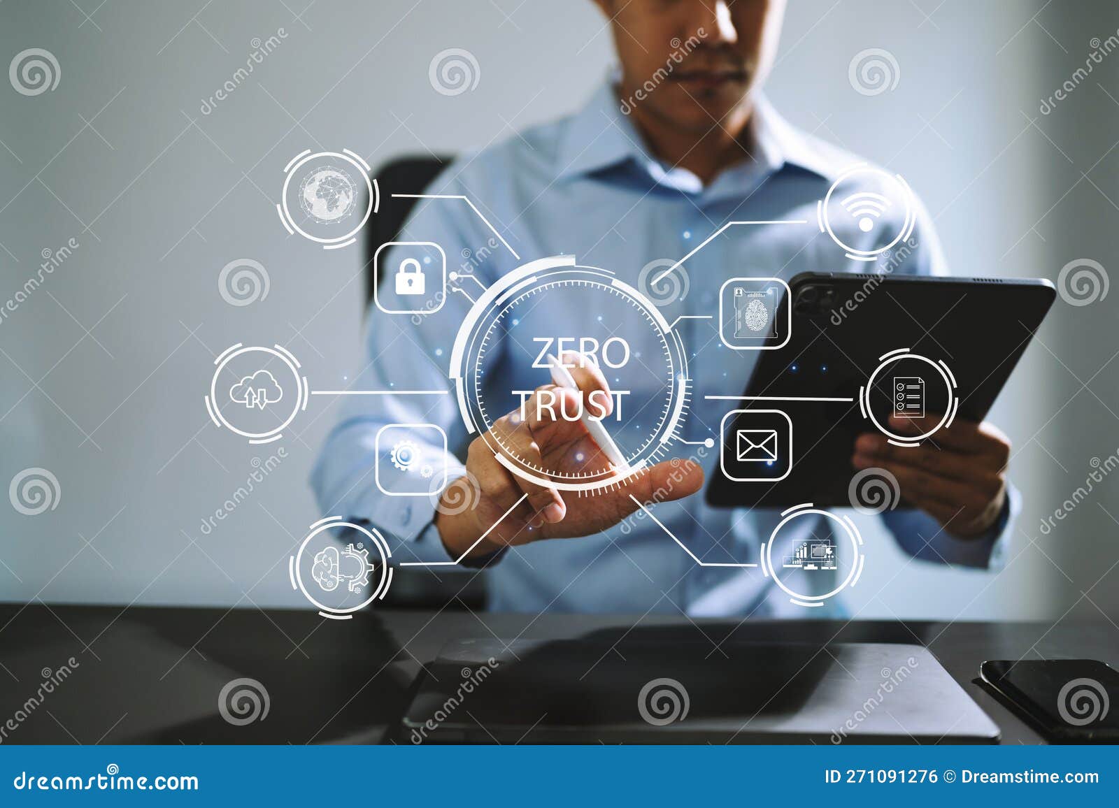 Zero Trust Security Concept Person Using Computer and Tablet with Zero ...