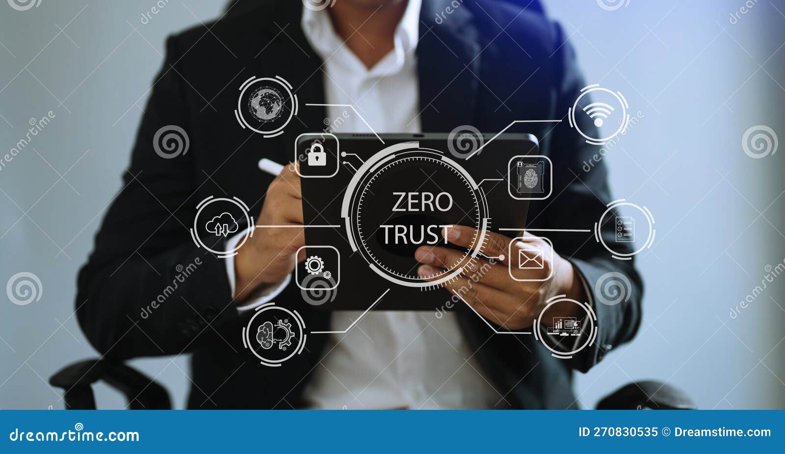 Zero Trust Security Concept Person Using Computer and Tablet with Zero ...