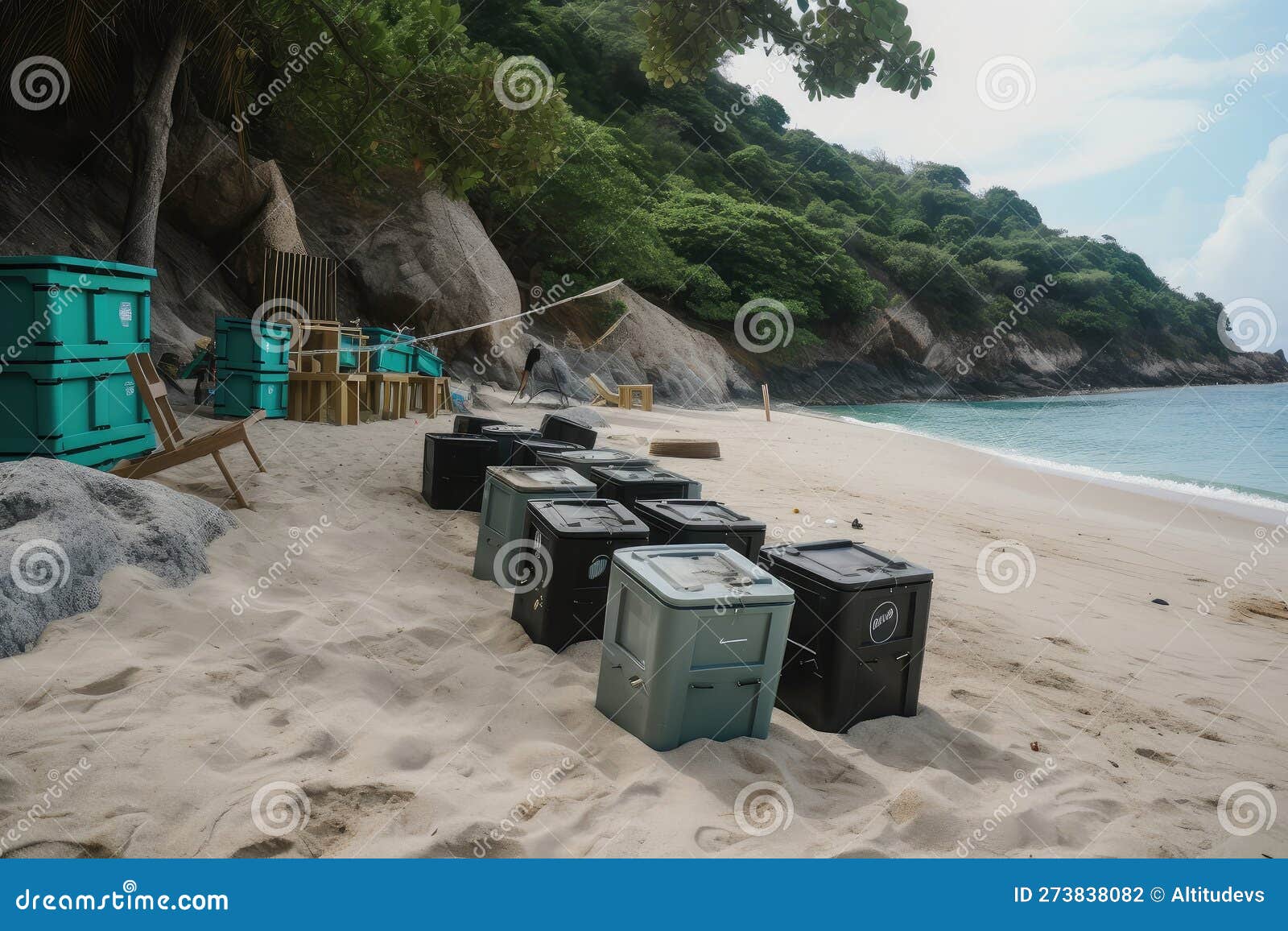 Zero Waste Beach, with Bins for Different Types of Trash and ...
