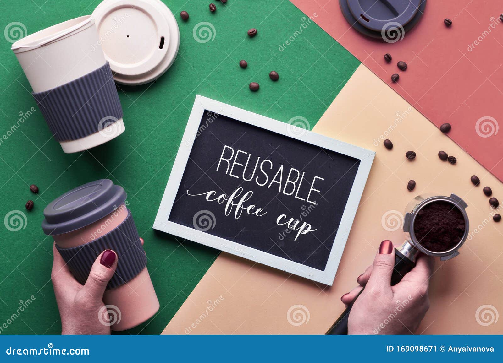 Zero Waste Coffee Concept. Eco Friendly Reusable Coffee Cups in Hands ...