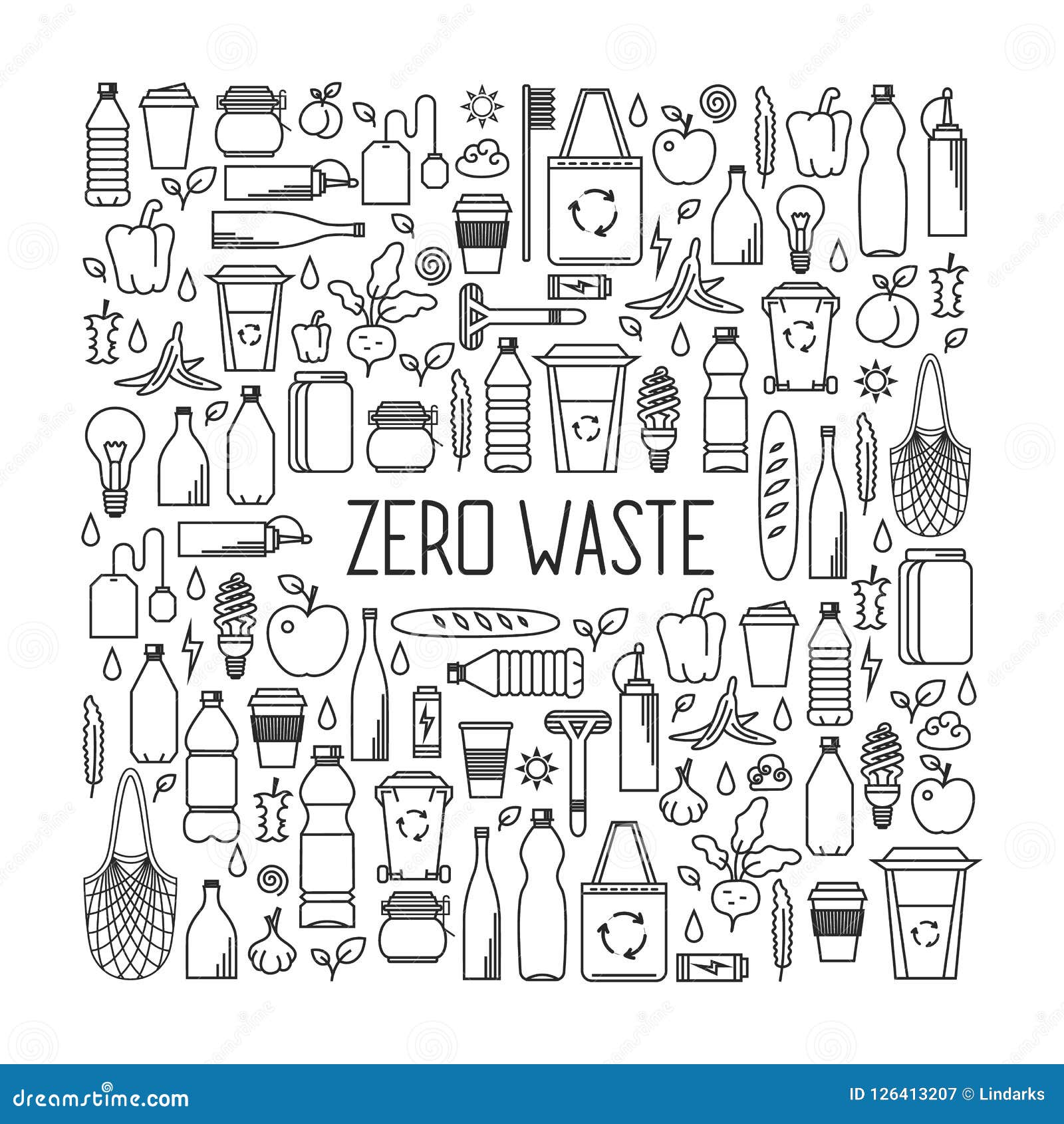 Zero Waste Concept. Line Art Collection of Eco and Waste Elements Stock ...
