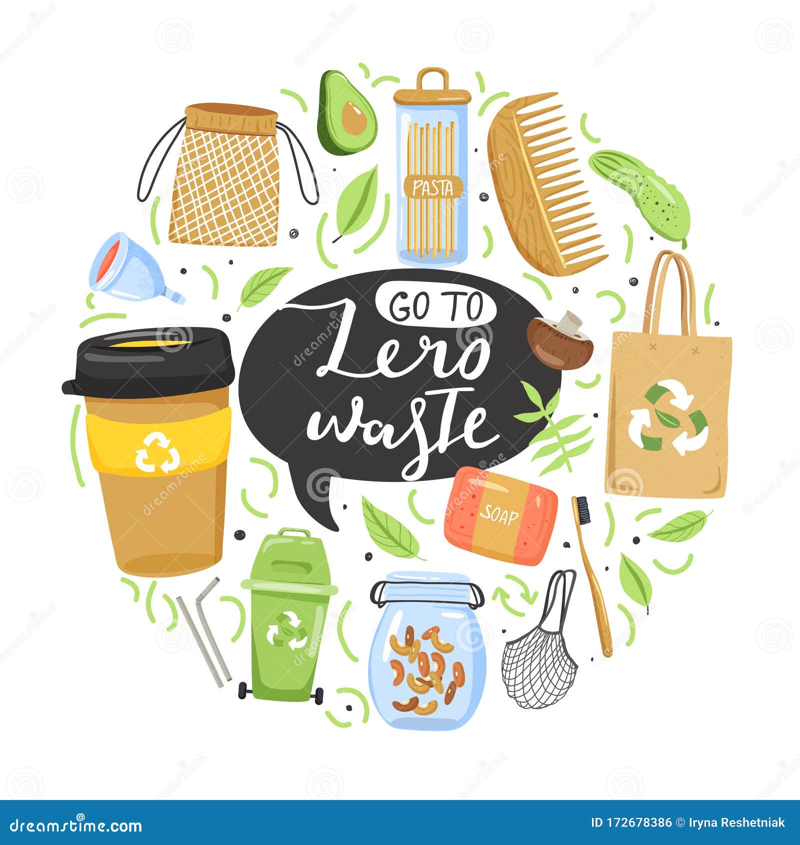 Zero Waste Concept. Set of Various Eco Objects. Stylish Typography ...