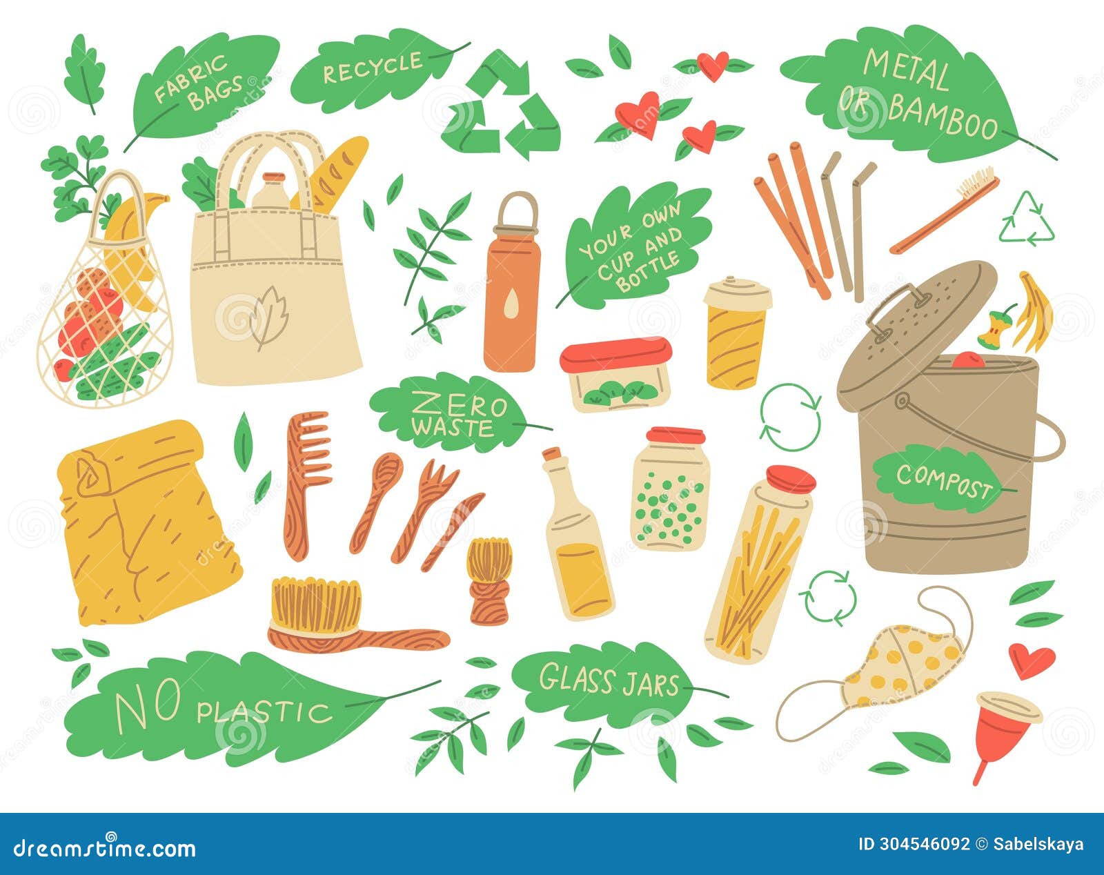 Zero Waste Concept, Set of Vector Illustrations Isolated on White Stock ...