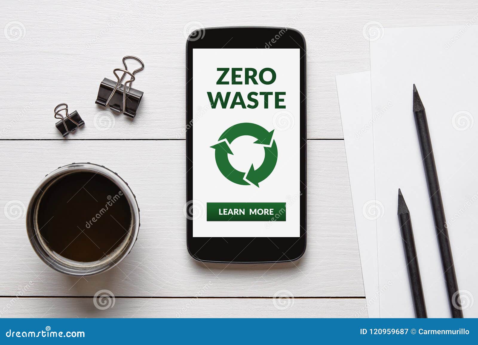 Zero Waste Concept on Smart Phone Screen with Office Objects Stock ...