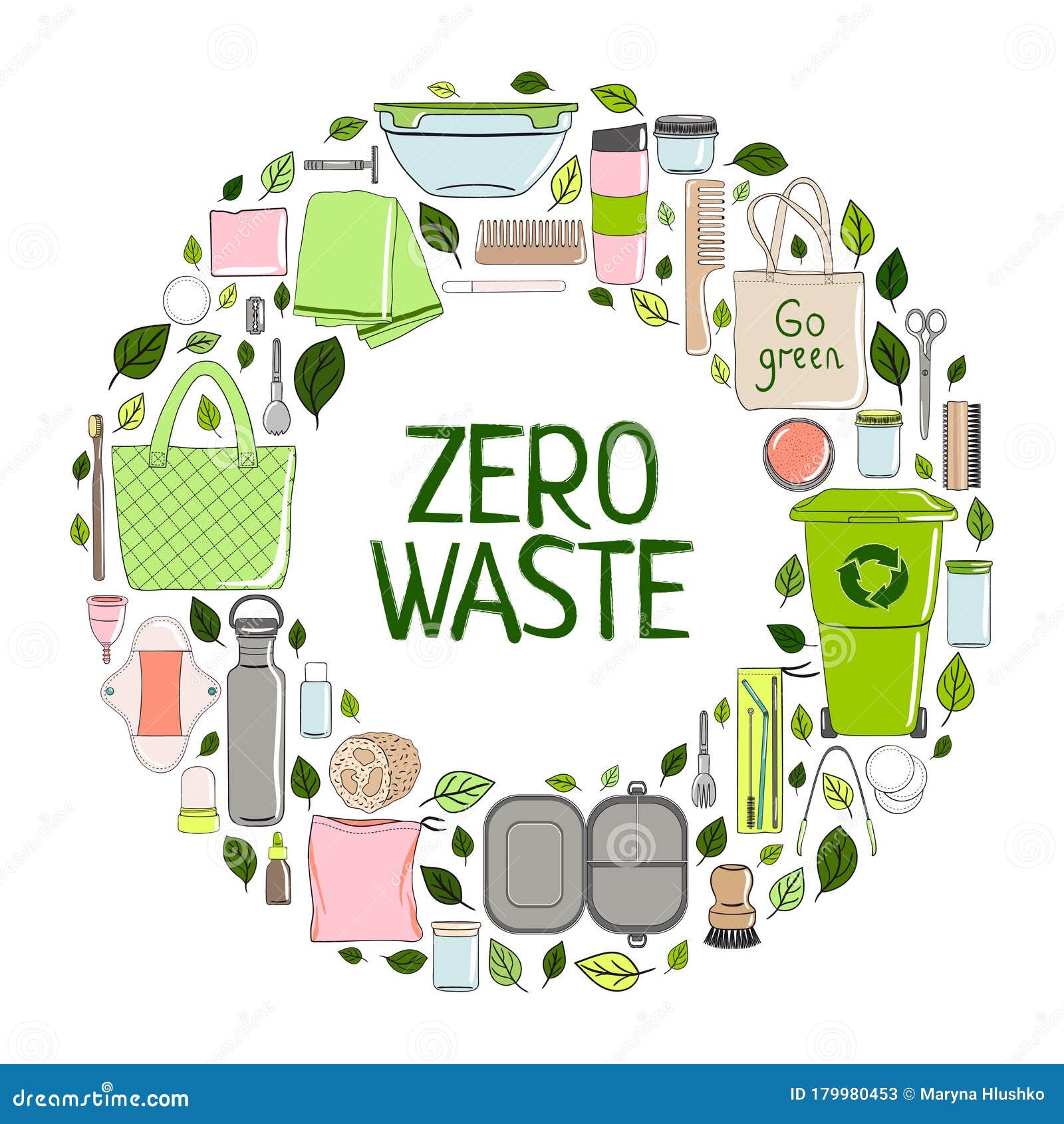 Zero Waste Elements in a Circle. Hand Drawn Illustration Stock Vector ...