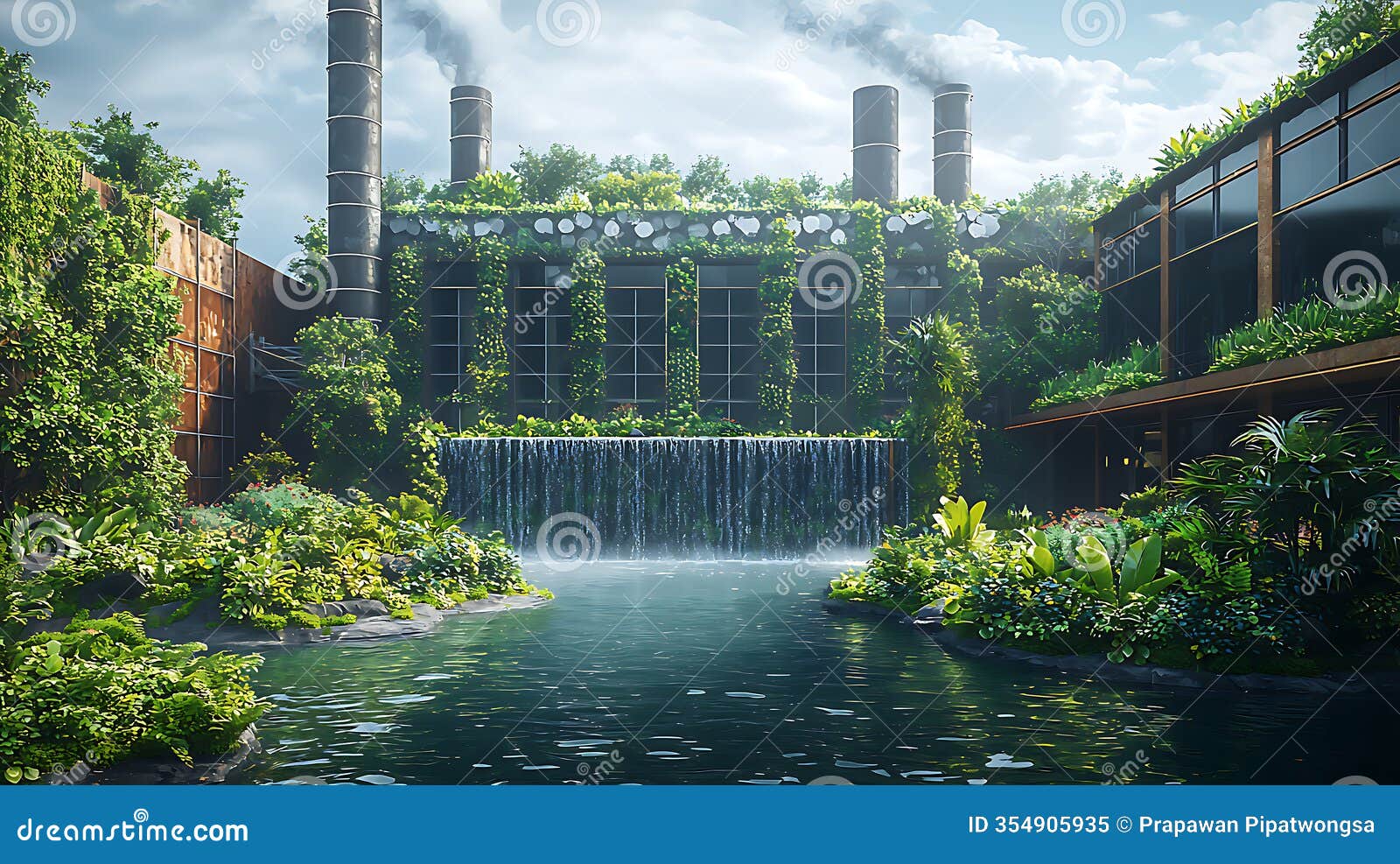 Zero Waste Energy Plant with Lush Greenery, Waterfall, and Modern ...