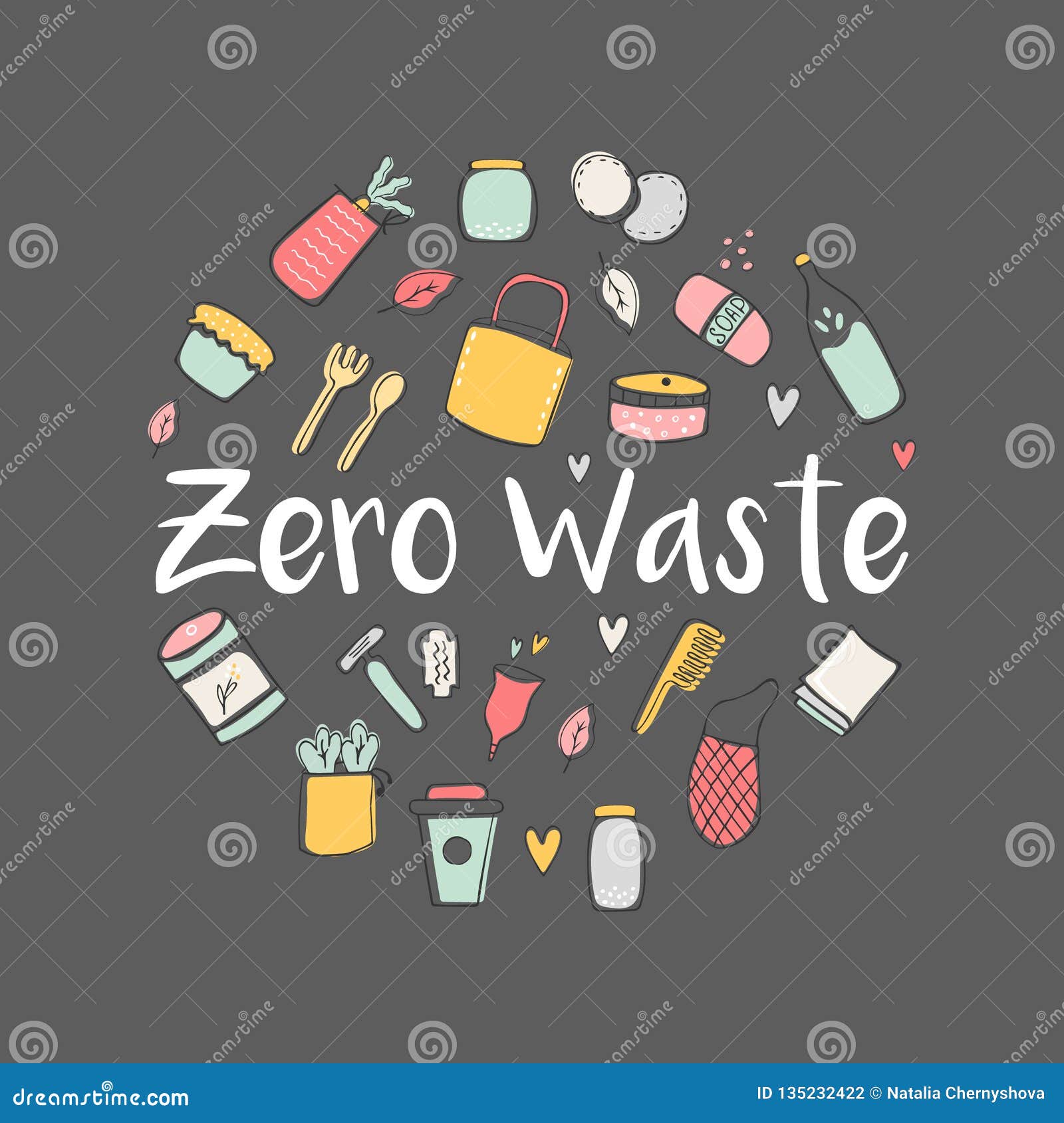 Zero Waste Hand Drawn Illustration with Eco Icons Stock Vector ...