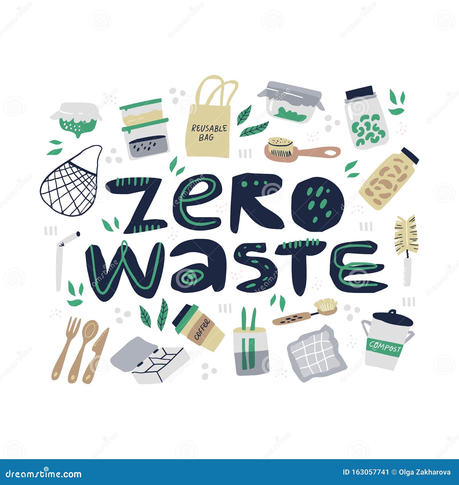 Zero Waste Items Handdrawn Illustration with Typography Stock Vector ...