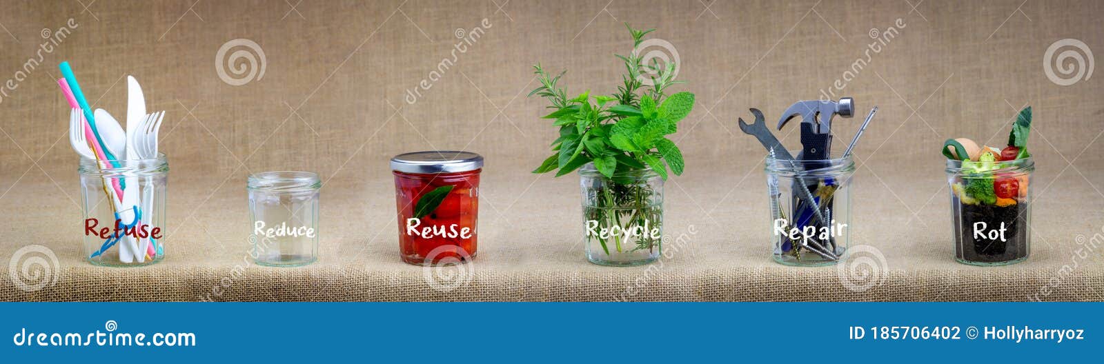 Zero Waste Management, Illustrated in 6 Jars with Text Refuse, Reduce ... Zero Waste Management, Illustrated in 6 Jars with Text Refuse, Reduce ...